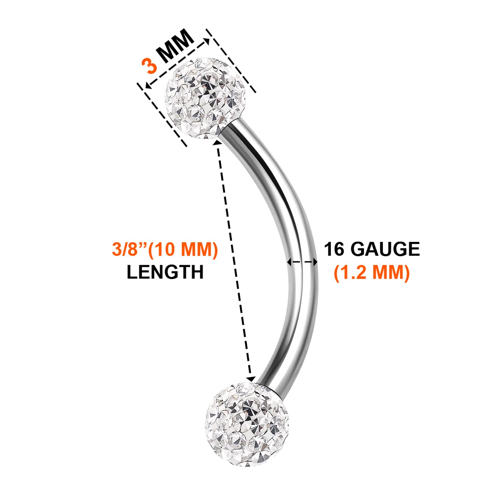 2PCS Surgical Steel Curved Barbell Ring 16g 3/8"(10mm) 3mm Clear Crystal Ball Tragus Earrings Eyebrow Piercing Jewelry 7982