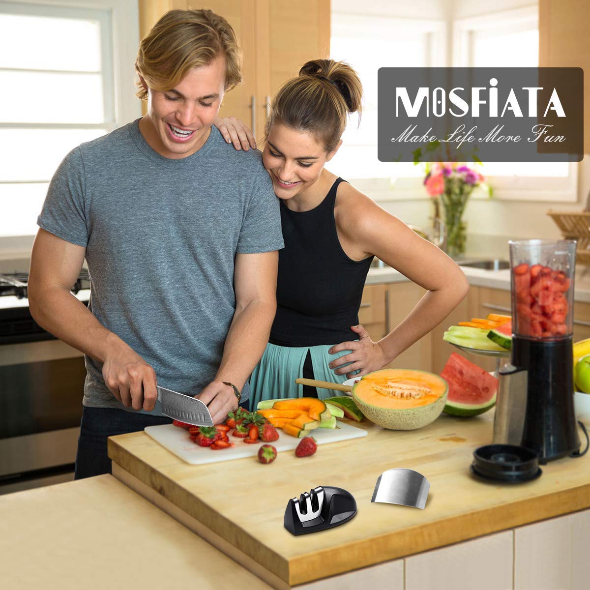 MOSFiATA 8 inch Chef's Knife & 8 inch Tatanium Plated Chef's Knife & 7 inch Santoku Knife