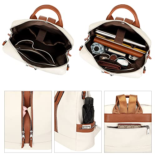 ALTOSY Genuine Leather Backpack Purse for Women Convertible Shoulder Bag Crossbody Bag with Laptop Compartment(S77 White/Brown)