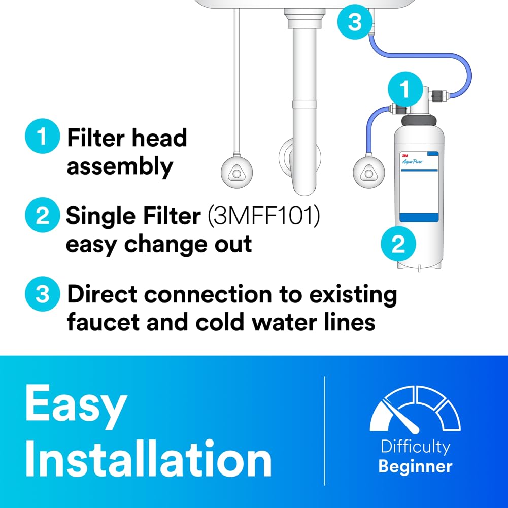 3M Aqua-Pure Under Sink Full Flow Drinking Water Filter System 3MFF100, Sanitary Quick Change, Reduces Particulates, Chlorine Taste and Odor, Cysts, Lead, Select VOCs
