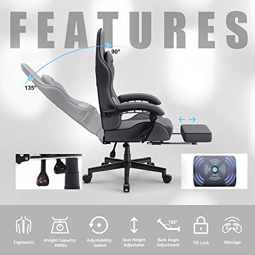 Dowinx Gaming Chair Fabric with Pocket Spring Cushion, Massage Game Chair Cloth with Headrest, Ergonomic Computer Chair with Footrest 290LBS, Grey