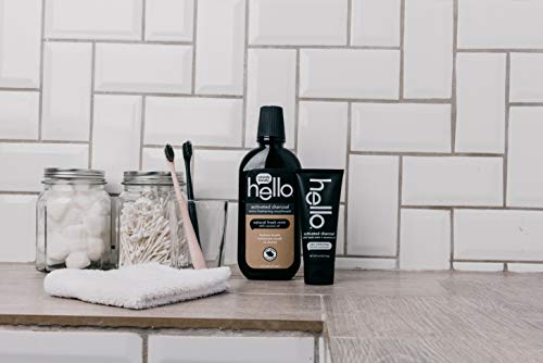 Hello Activated Charcoal Starter Kit Fluoride Free SLS Free Whitening Toothpaste Extra Freshening Mouthwash 2 Charcoal Bristle BPAFree Toothbrushes, Black, 1 Count