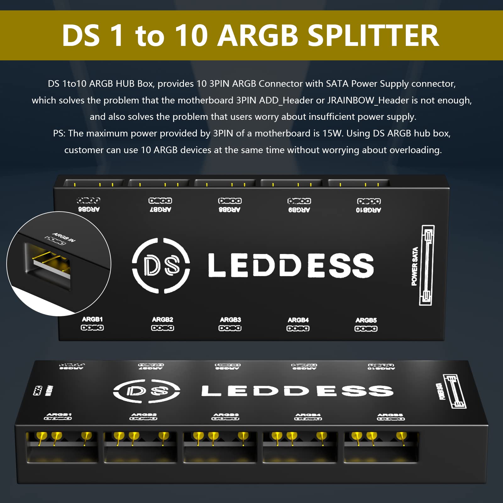 DS leddess Connector 11 Port ARGB Splitter Hub for LED Fans and Lights, SATA Power 1 to 10 ARGB Extension Cords, 5V ARGB Motherboard Sync(B Series)