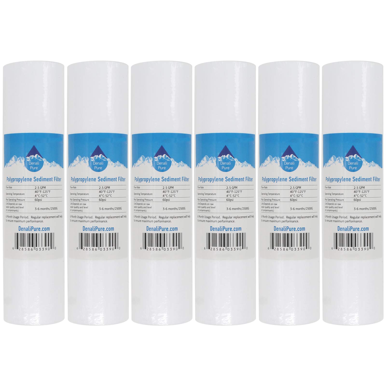 6-Pack Replacement for Aqua Pure AP101T Polypropylene Sediment Filter - Universal 10-inch 5-Micron Cartridge Compatible with Aqua Pure AP101T Whole House Water Filter - Denali Pure Brand