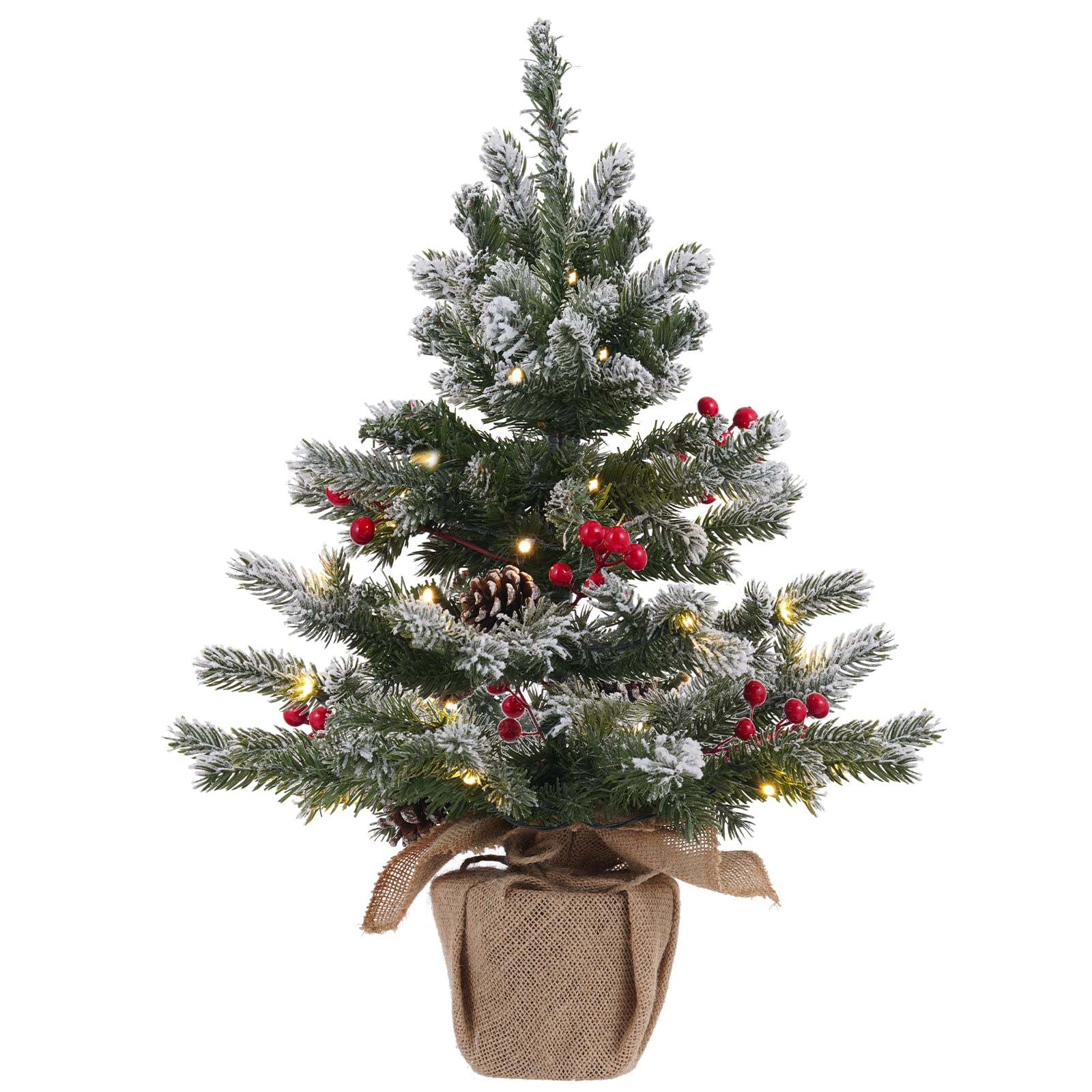 24 Inch 2 FT Pre-lit Snowy Mini Christmas Tree, DECSPAS Small Tabletop Flocked Christmas Tree with 20 LED Lights Red Berries Pine Cones and Cloth Bag Base Xmas Decorations for Holiday Party Home