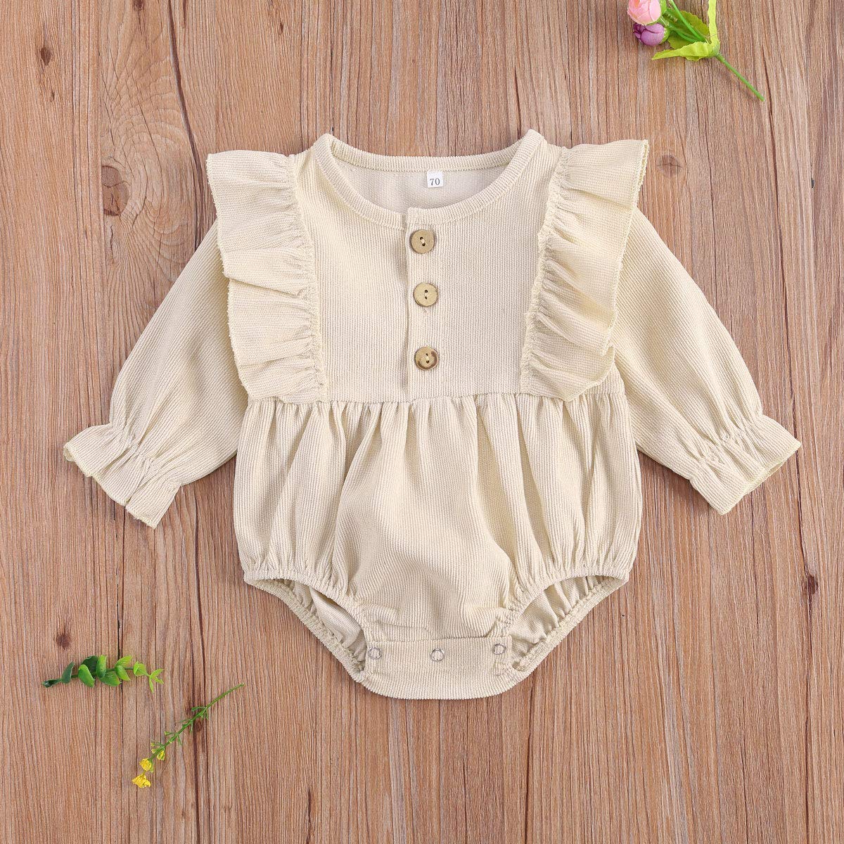 Sasaerucure Infant Baby Girl Clothes Solid Ruffle Long Sleeve Romper Bodysuit Tops One Piece Jumpsuit Fall Winter Outfit (Apricot, 0-3 Months)