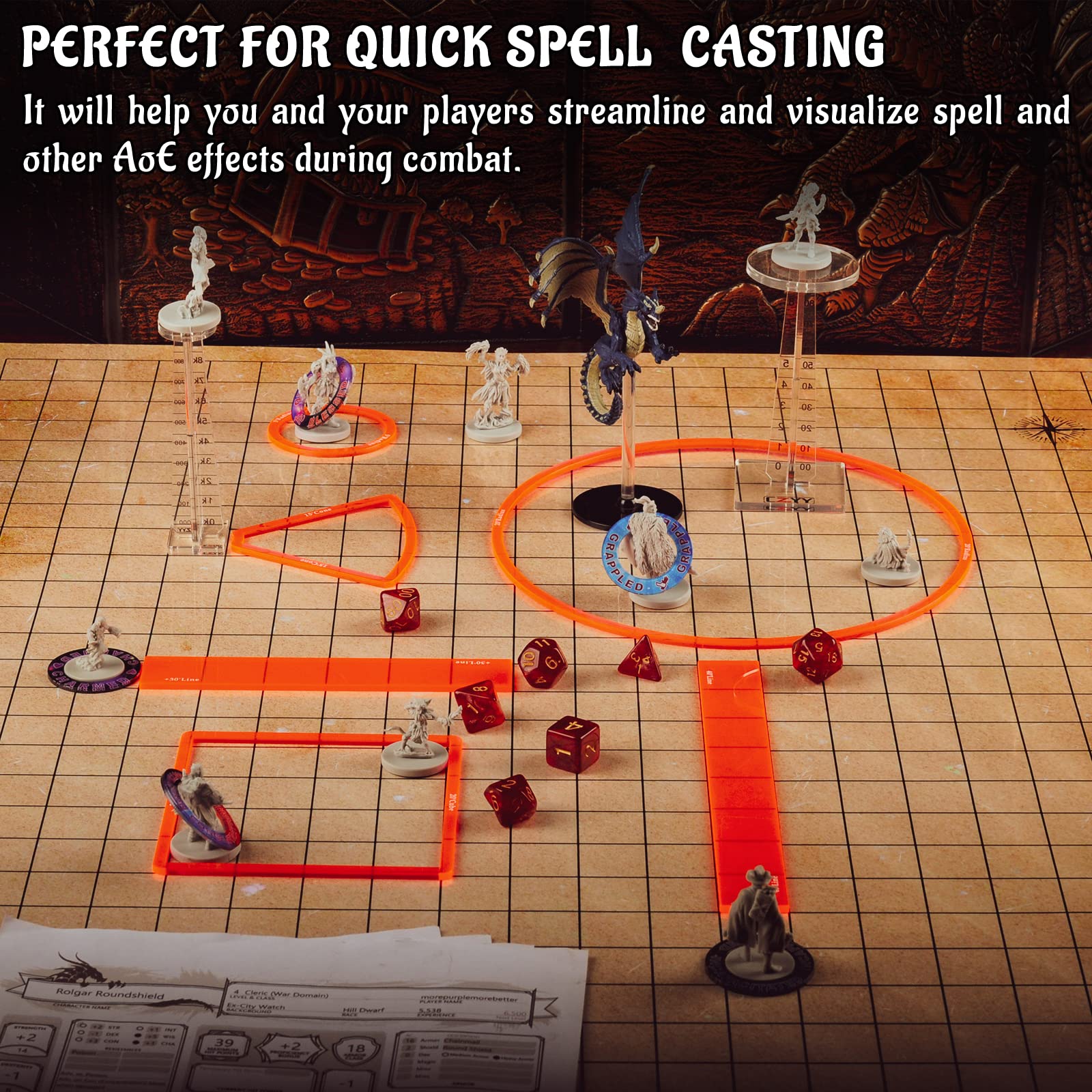 Area of Effect Spell Templates Set of 15 (Included Cube, Cone, Circle, and Line) Acrylic AOE Damage Marker Tabtop RPG Gaming Accessories for Dungeons and Dragons, Pathfinder, D&D