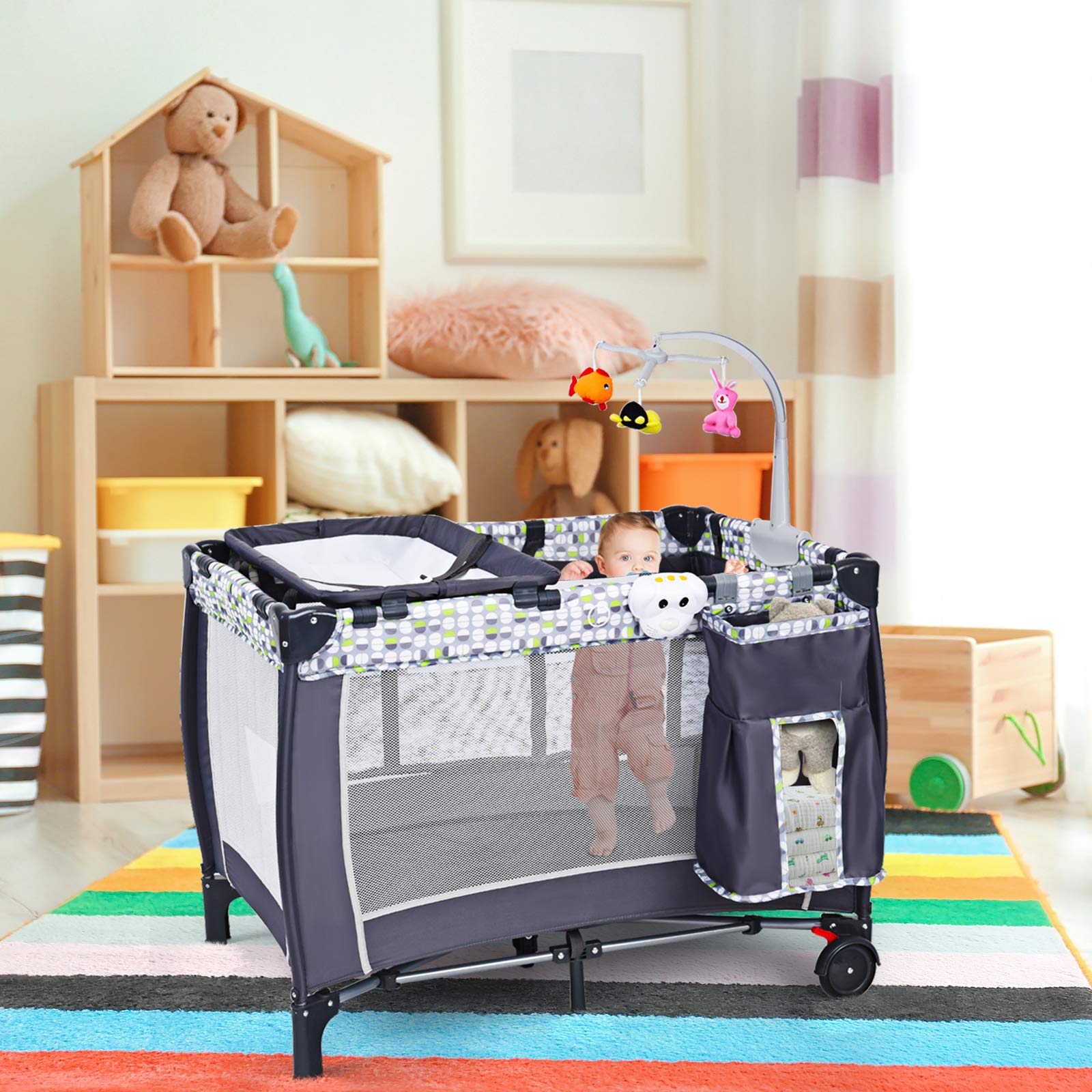HONEY JOY Portable Baby Playard, 3-in-1 Pack and Play with Infant Bassinet, Diaper Changer & Toy Bar, Lockable Wheels, Toddler Play Yard w/Carry Bag Gray