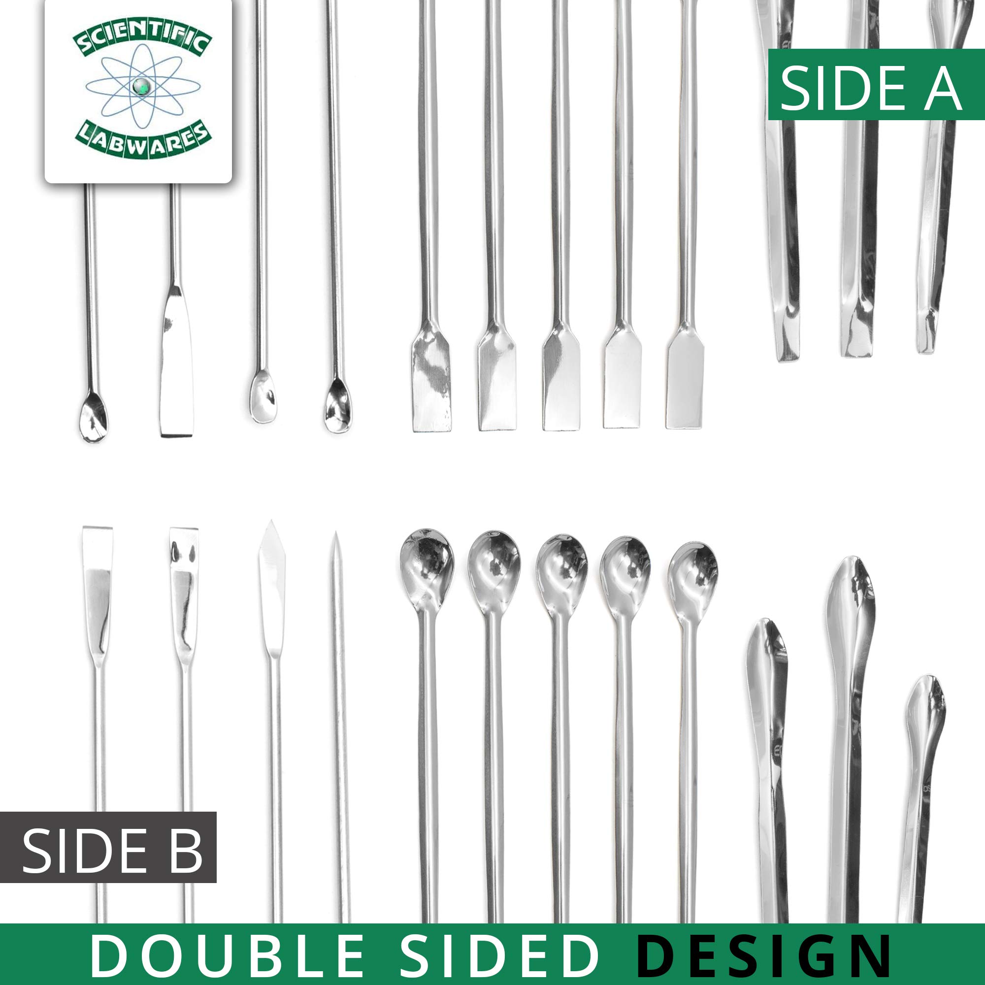 Scientific Labwares Laboratory Spoon Spatula Set - Long Handled Mixing & Measuring Equipment - Supplies for Labs, Sampling, Sculpting, Stirring, Making Makeup - Durable Stainless Steel - Set of 12