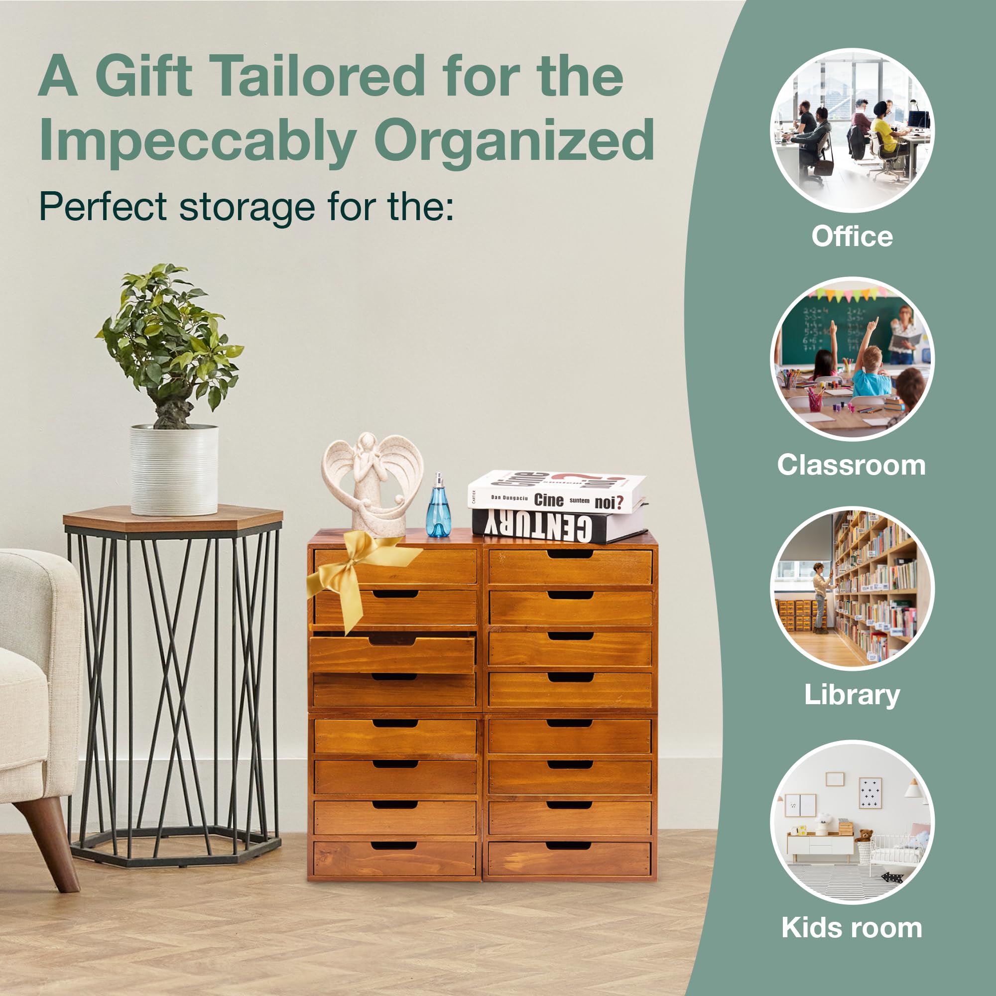 4-Pack 4 Drawer Desktop Storage Organizer in Modern Wood Design (20โx7โx 20โ) Stackable Drawers For School Office - Vanity Accessories Organizer - Countertop Organizer Drawer in Modern Mahogany Wood