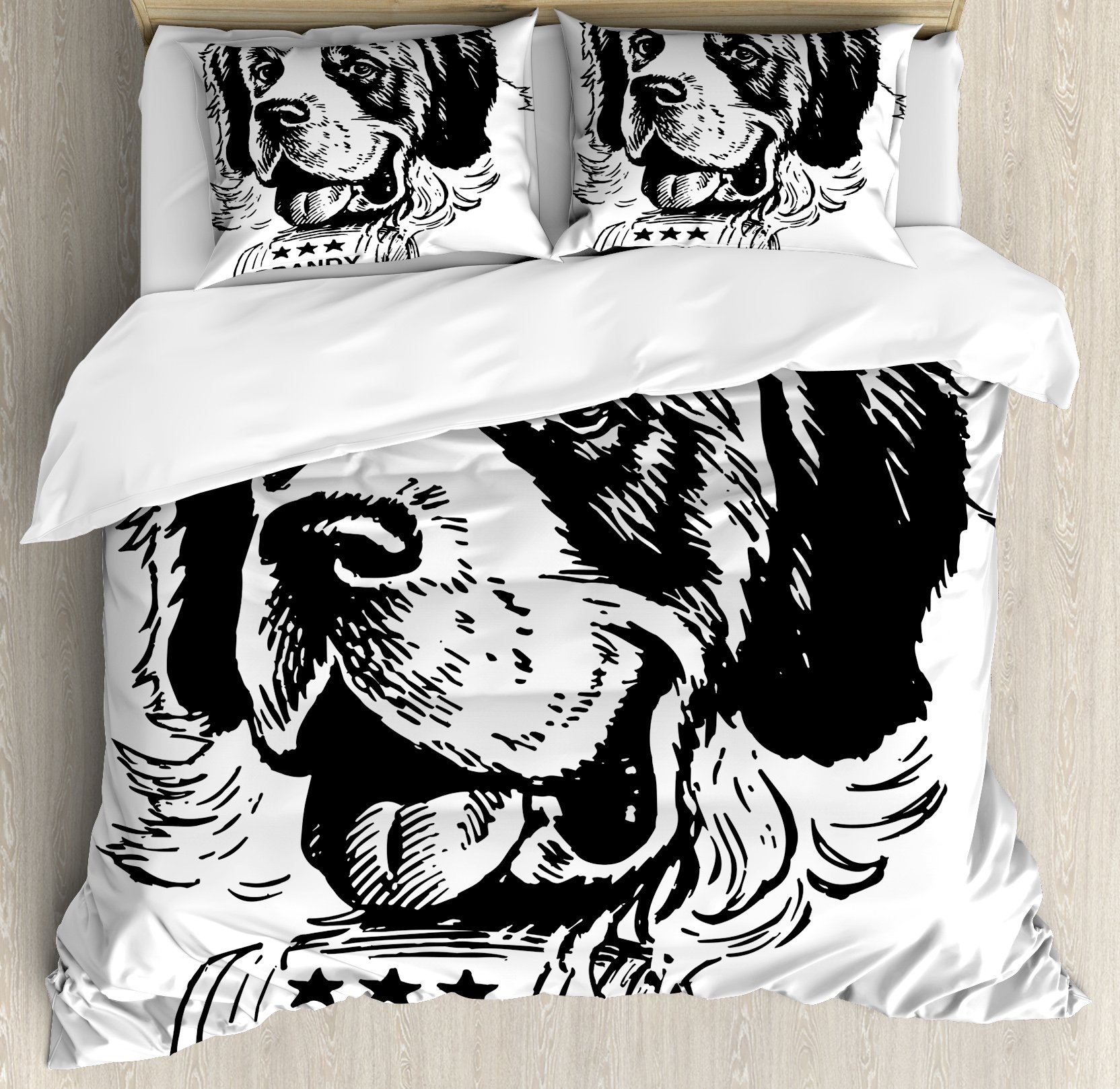 Ambesonne Man Cave Duvet Cover Set, Vintage Sketch of Saint Bernard Rolling a Keg of Brandy Whiskey Stars Retro, Decorative 3 Piece Bedding Set with 2 Pillow Shams, Queen Size, Black