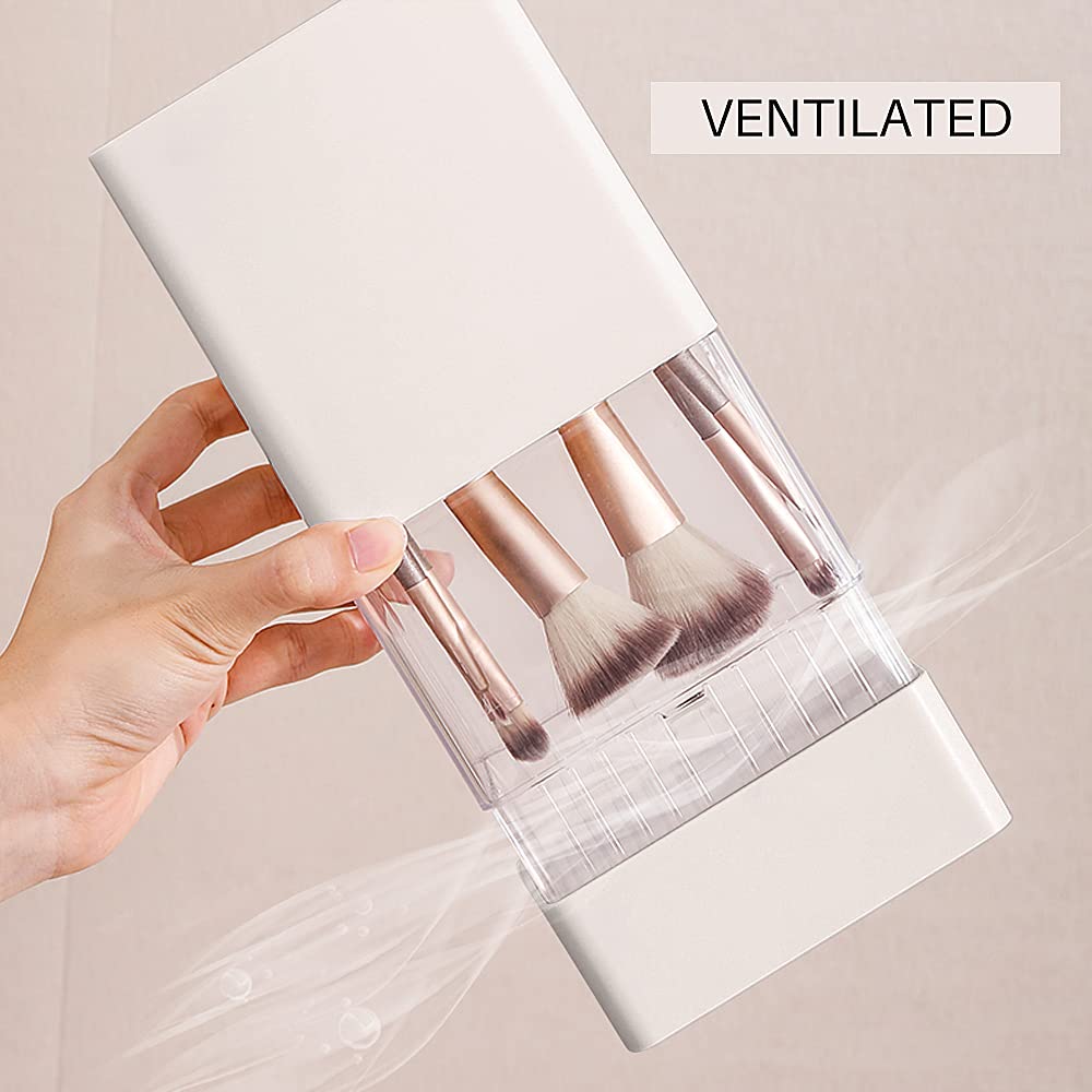 Make-Up Brush Holder,Brush Drying and Storage Box with Lid, Acrylic Makeup Brush Air Drying Rack Holder Cosmetic Brush Organizer, Waterproof Dustproof Container 12 Holes for Different Brush