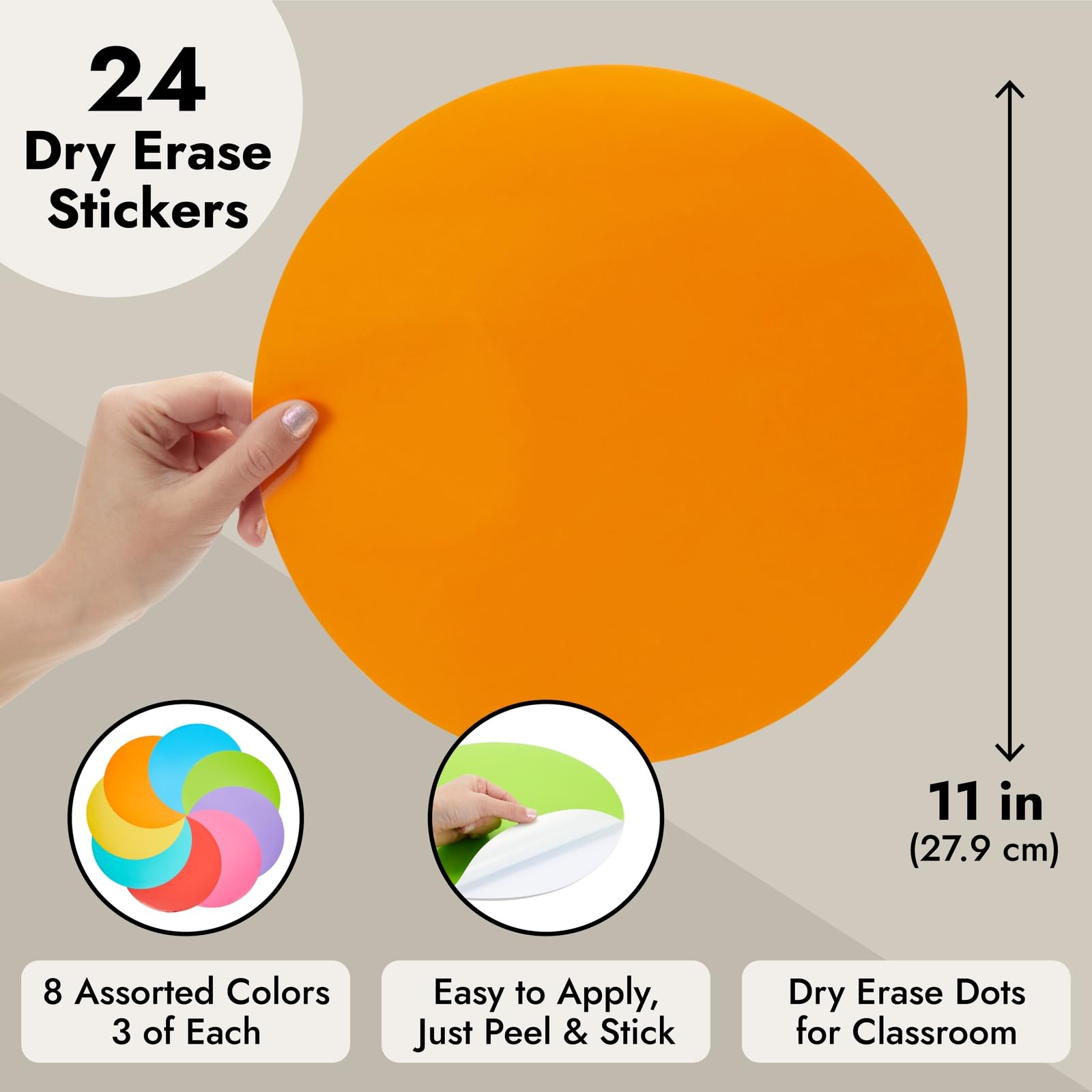 24 Pack 11-inch Dry Erase Spots and Sticker Dots for Classroom Tables - Peel and Stick Circles for Teachers and School Essential Supplies (8 Colors)
