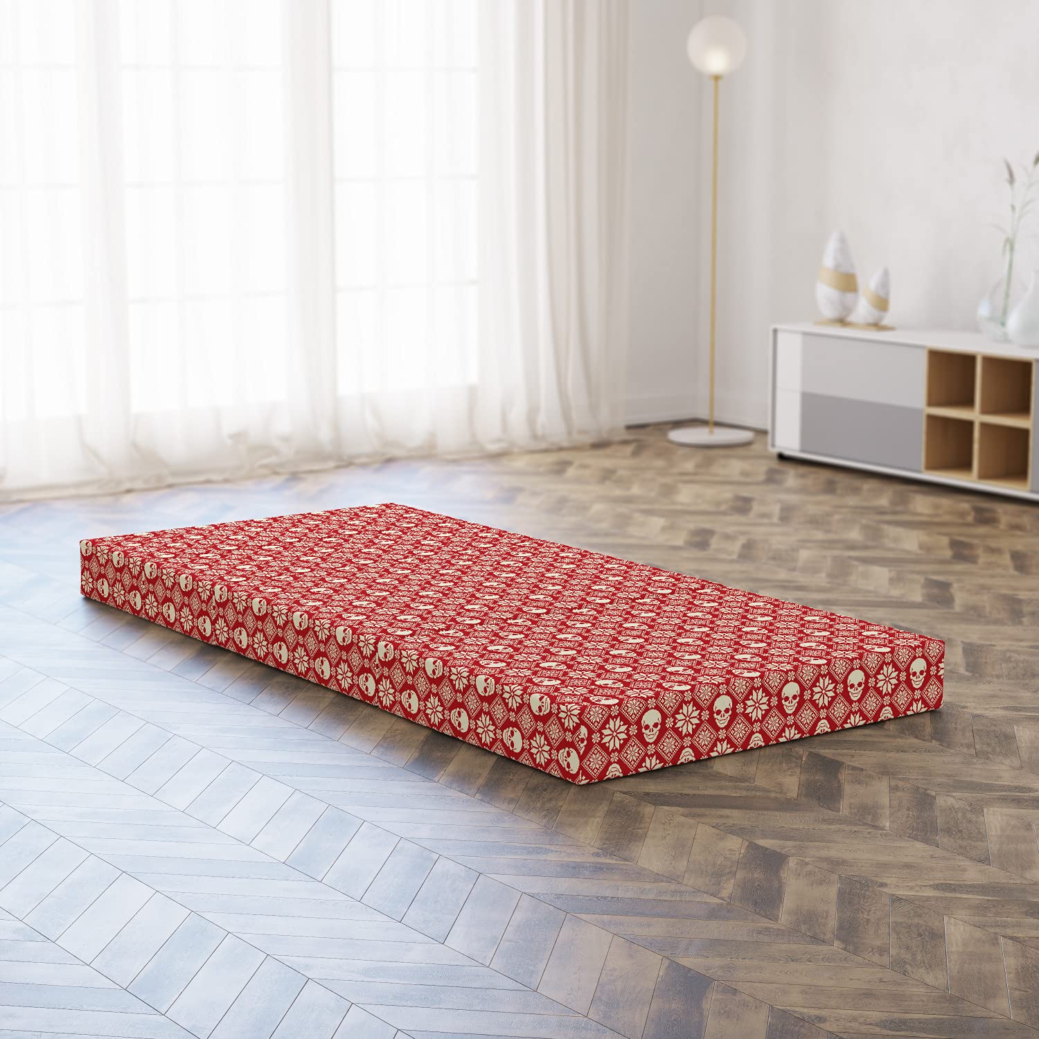 Ambesonne Nordic Foldable Mattress, Needlework Skull Motif, 74.8" x 35.4", Red Beige