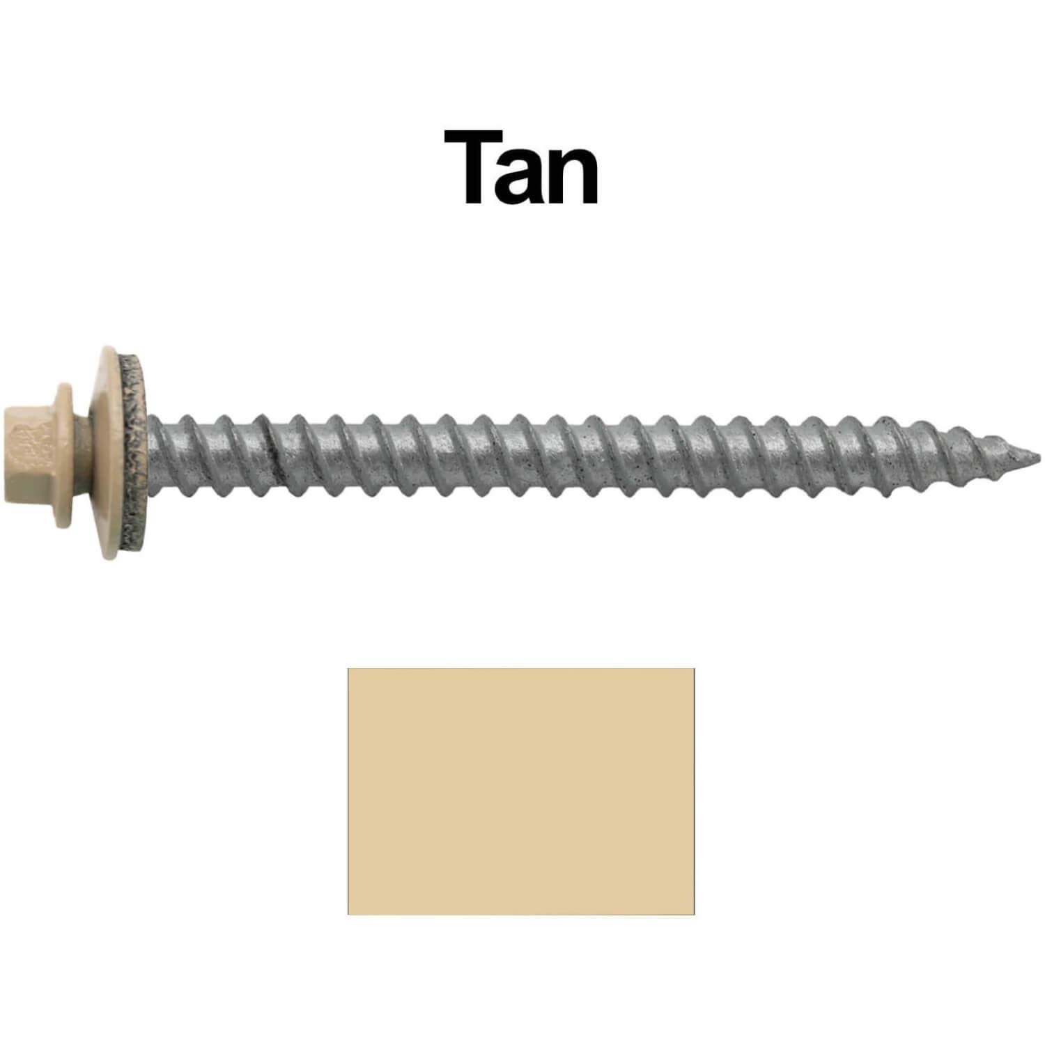 Metal Roofing Screws: (250) 12 x 2-1/2" TAN Hex Head Sheet Metal Roof Screw. Sharp Point Metal to Wood siding Screws. EPDM Washer. Colored Head