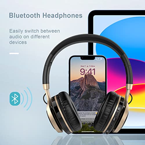 BASEMAN Wireless Bluetooth Headphones Over Ear, Long Battery Life Stereo Deep Bass Headset with Mic Wireless and Wired Headphones for iPhone Computer TF Card Slot Teens Boys Men Adults - Black Gold
