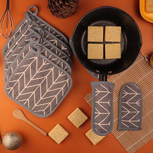 Win Change Heat Resistant Potholders Hot Pads-6 Kitchen Pot Holders Set with 2 Pan Hot Handle Holders Trivet for Cooking and Baking,with Recycled Infill Terrycloth Lining(Grey,8 Piece)