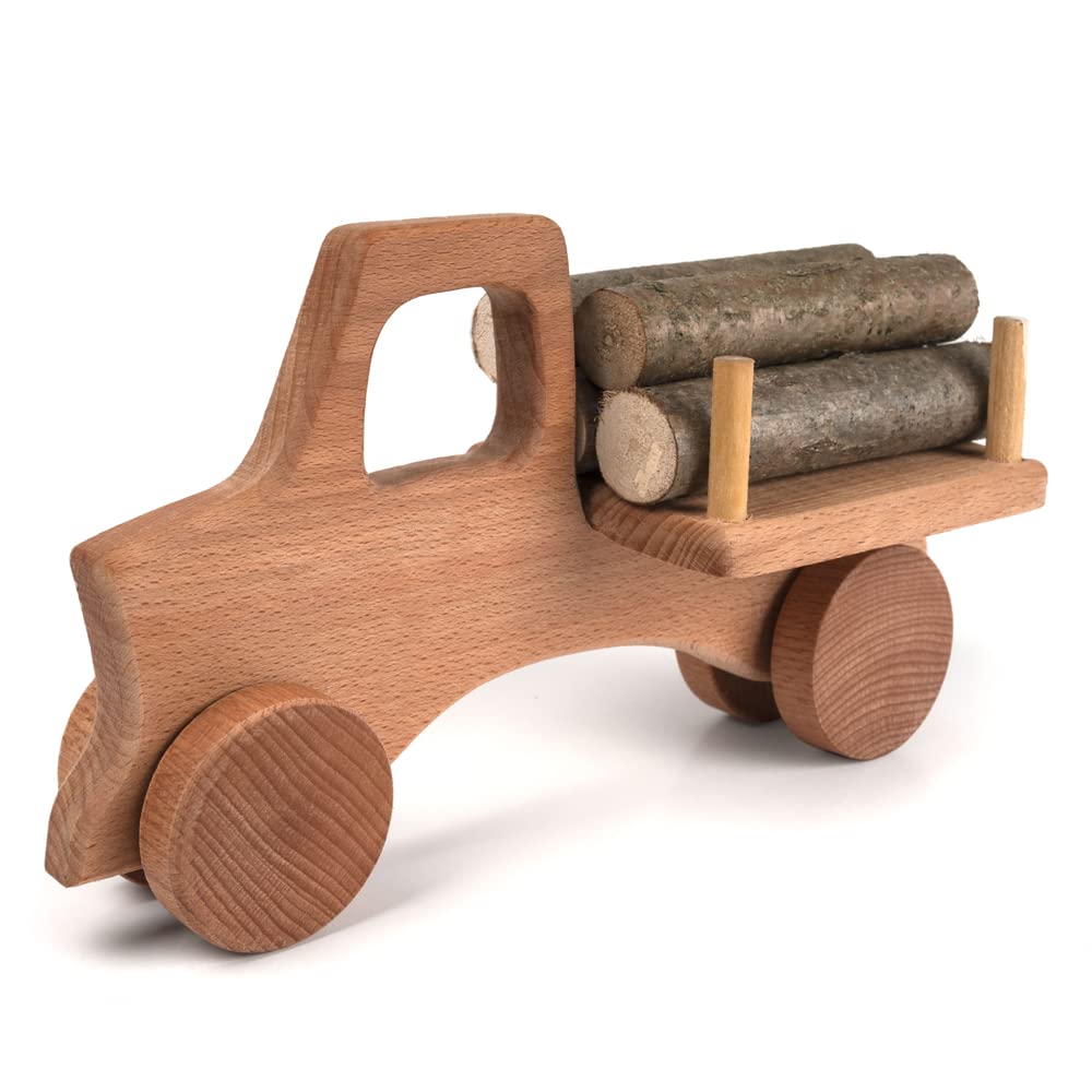 CG Games Wooden Toy Big Truck with Beech Logs and Garage Natural Wood Eco-Friendly Toys for Children Woody Truck Toy Unpainted Durable Wood Car
