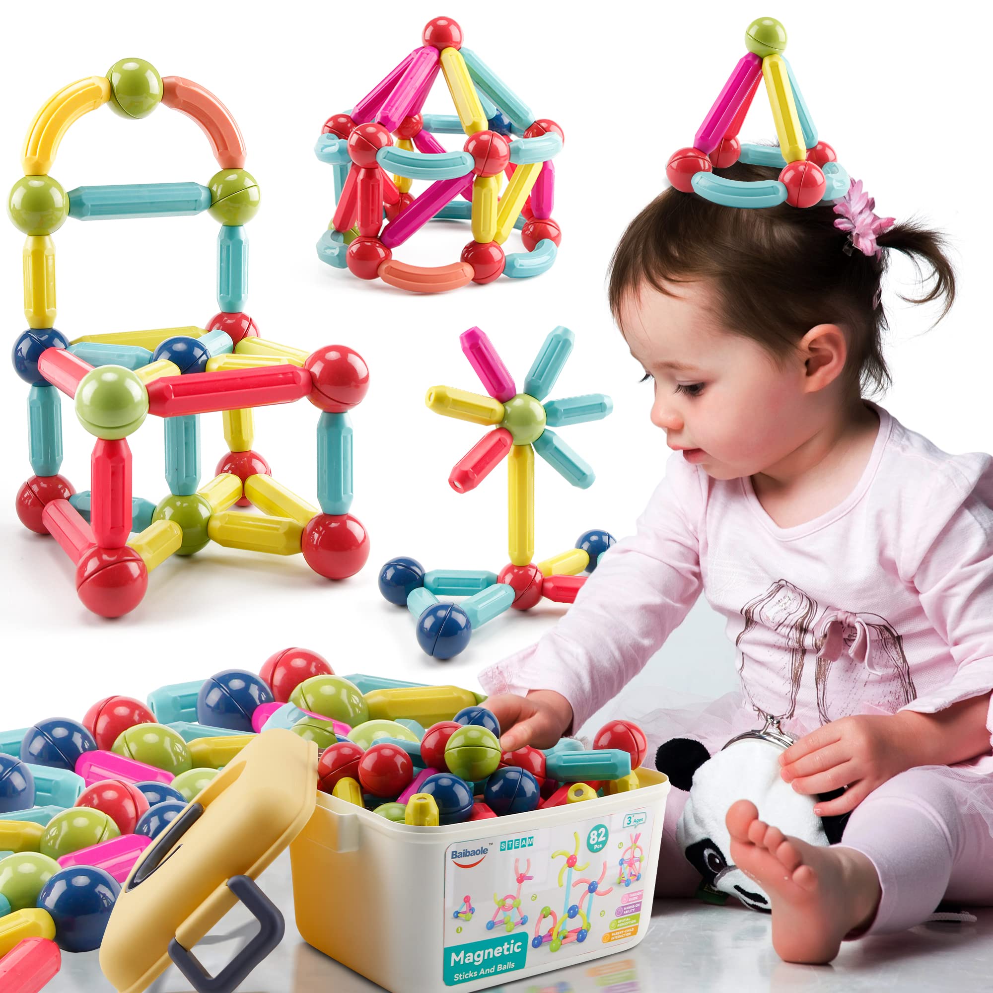 BAIBAOLE 82 PCS Magnetic Balls and Rods Set Magnet Balls Toys for Kids DIY Magnetic Toys Magnetic Building Sticks 3D Educational Toy Gift for Boys and Girls Ages 3 4 5 6 7 8-15