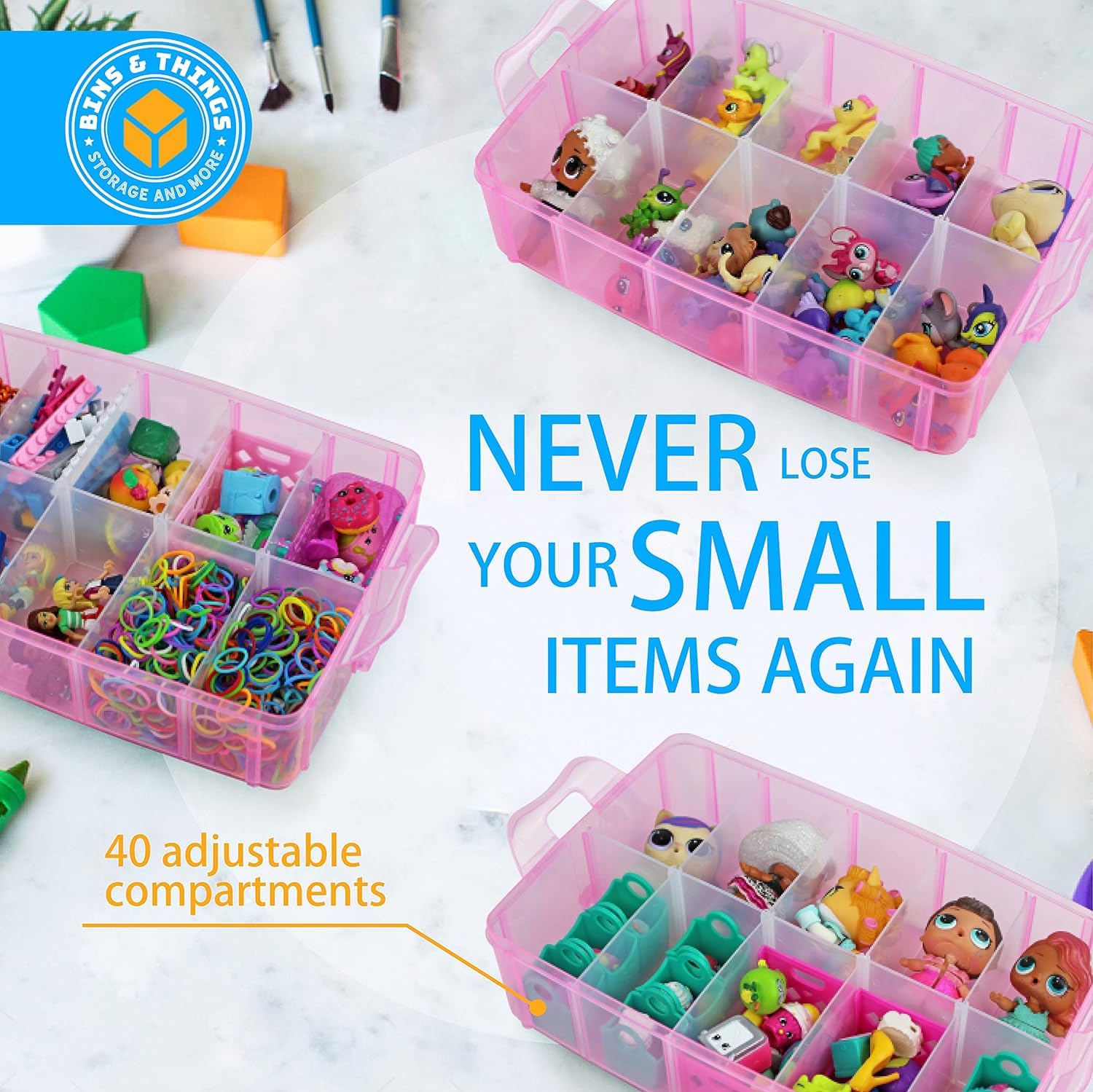 Bins & Things Bead Organizer with Adjustable Compartments - Durable Toy Organizers and Storage Solution for Dolls, Crafts, Mini Toy Figures, Jewelry and Beads - 4 Tier, 20 Compartments, Pink