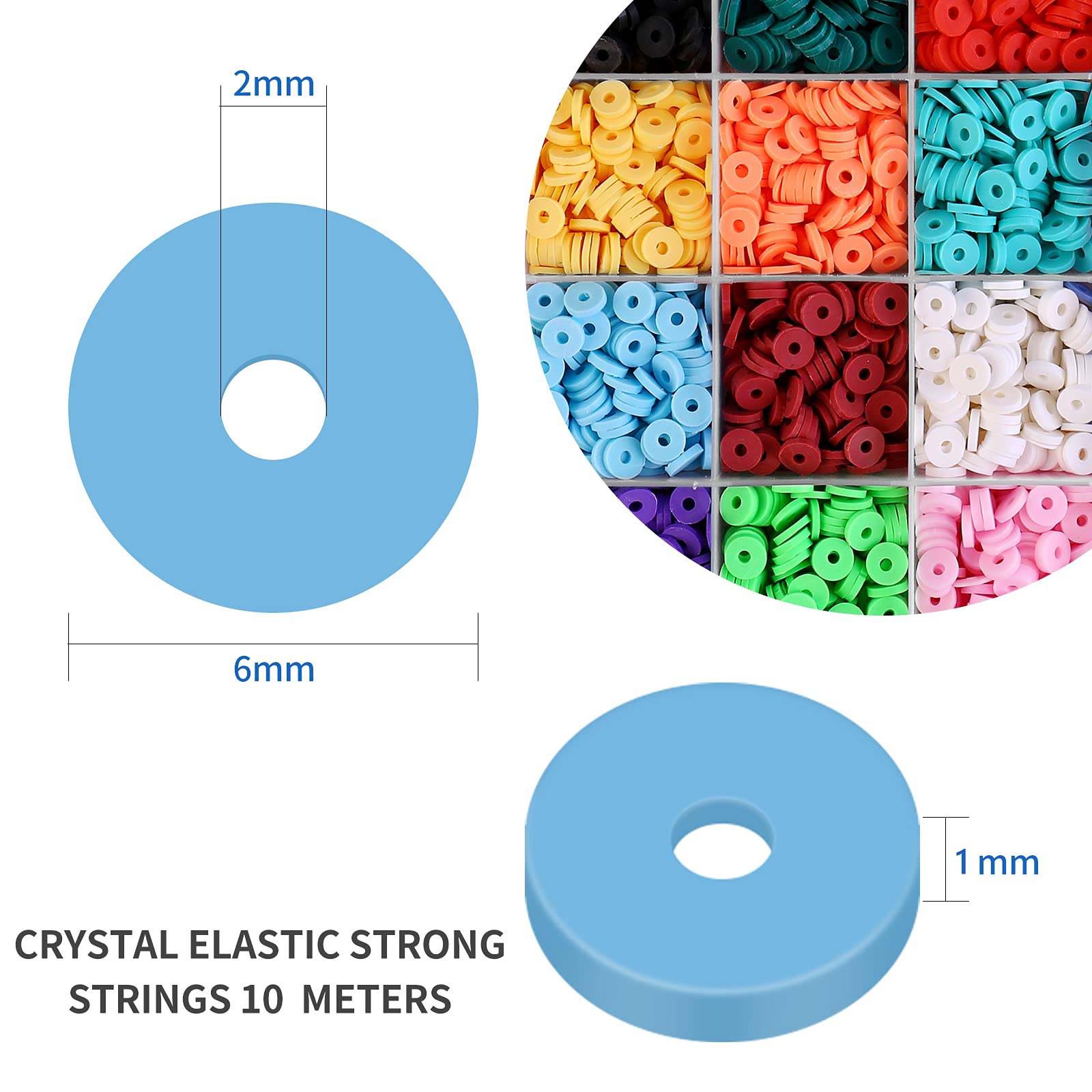 4000 PCS 6MM Polymer Clay Fimo Rainbow Color Beads, Flat Disc Heishi Beads, Multicolor Polymer Beads with 4 Roll Elastic Thread and Pendant Charms Kit