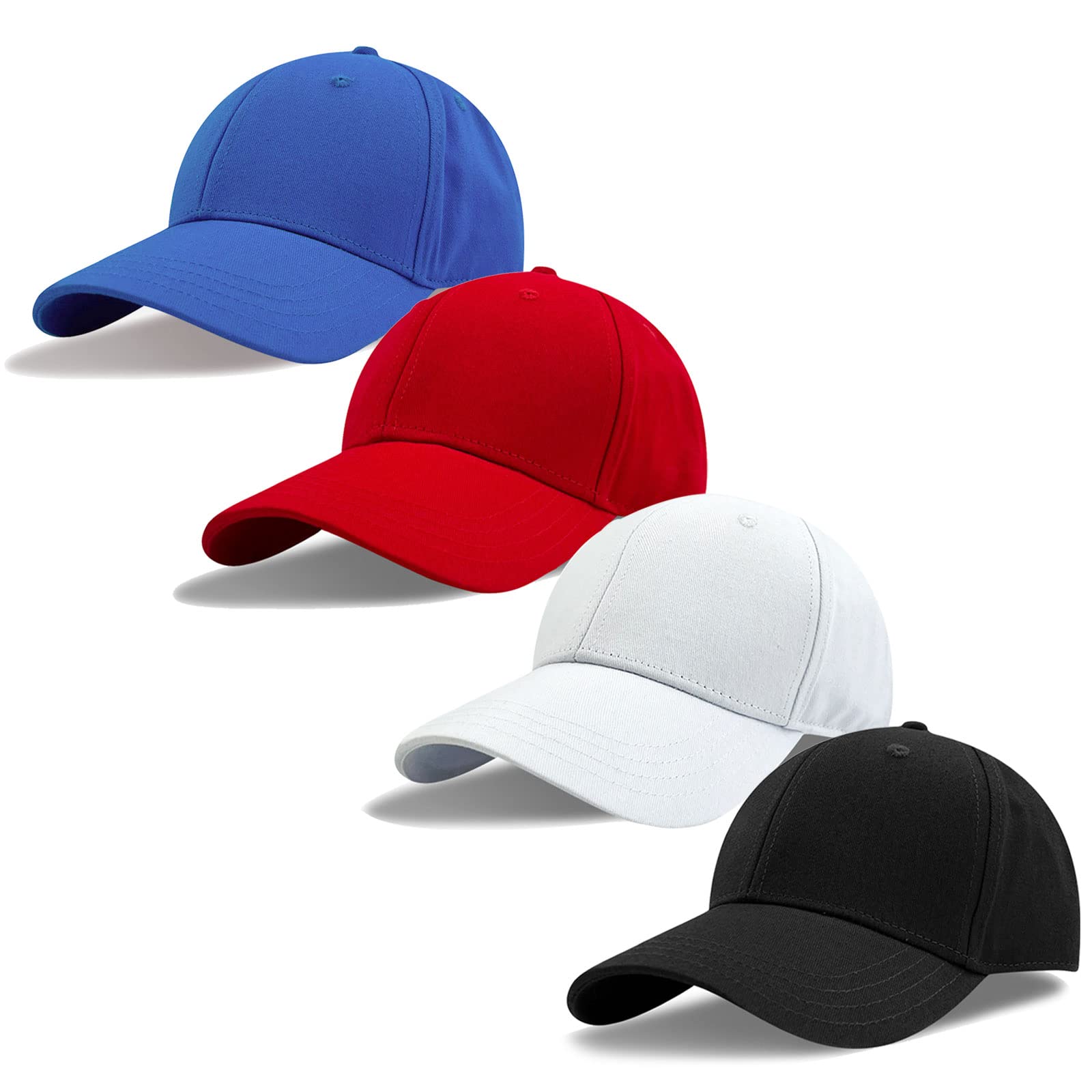 4 Pack Men Women Plain Baseball Cap Adjustable Cotton Blank Trucker Hat Low Profile Solid Dad Hat Ball Caps (4Pack-Black+White+Royal Blue+Red)