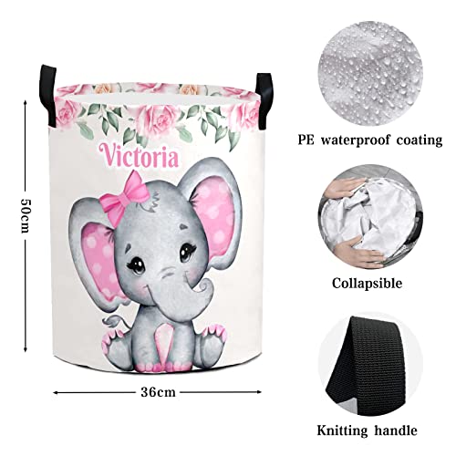 Adorable Elephant Girl Large Storage Basket Personalized Laundry Hamper with Name Bathroom Home Decor Collapsible Round Storage Bin Boxes Clothing for Gift, 19.69''(height) x 14.17''(diameter)
