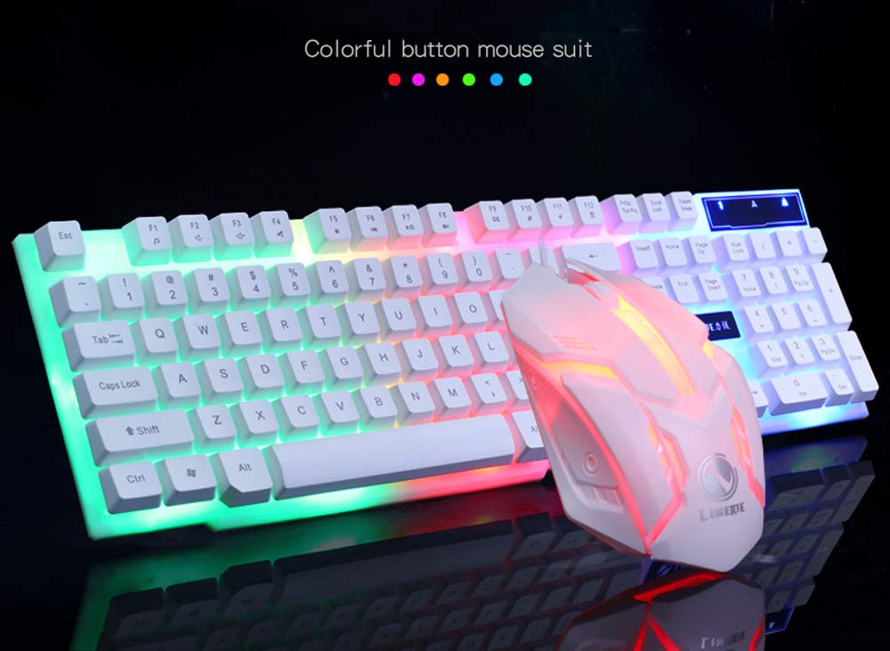 Baishitop GT300 Colorful LED Illuminated Backlit USB Wired PC Rainbow Gaming Keyboard Mouse Set White (H)