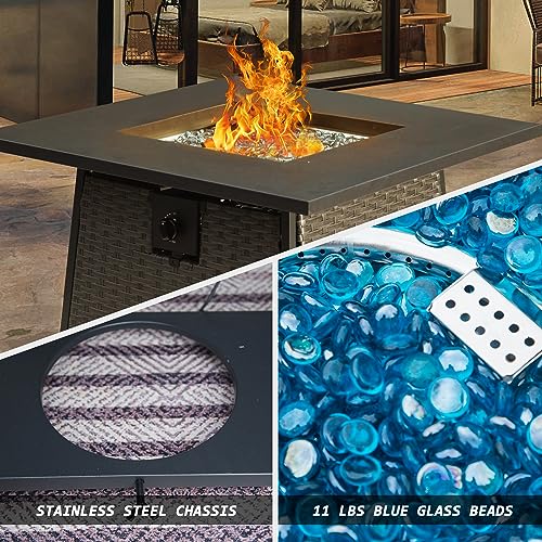 28 Inch Propane Fire Pits Table with Blue Glass Ball,50,000 BTU Outdoor Wicker Fire Table with ETL-Certified,2-in-1 Square Steel Gas Firepits (Dark Gray)