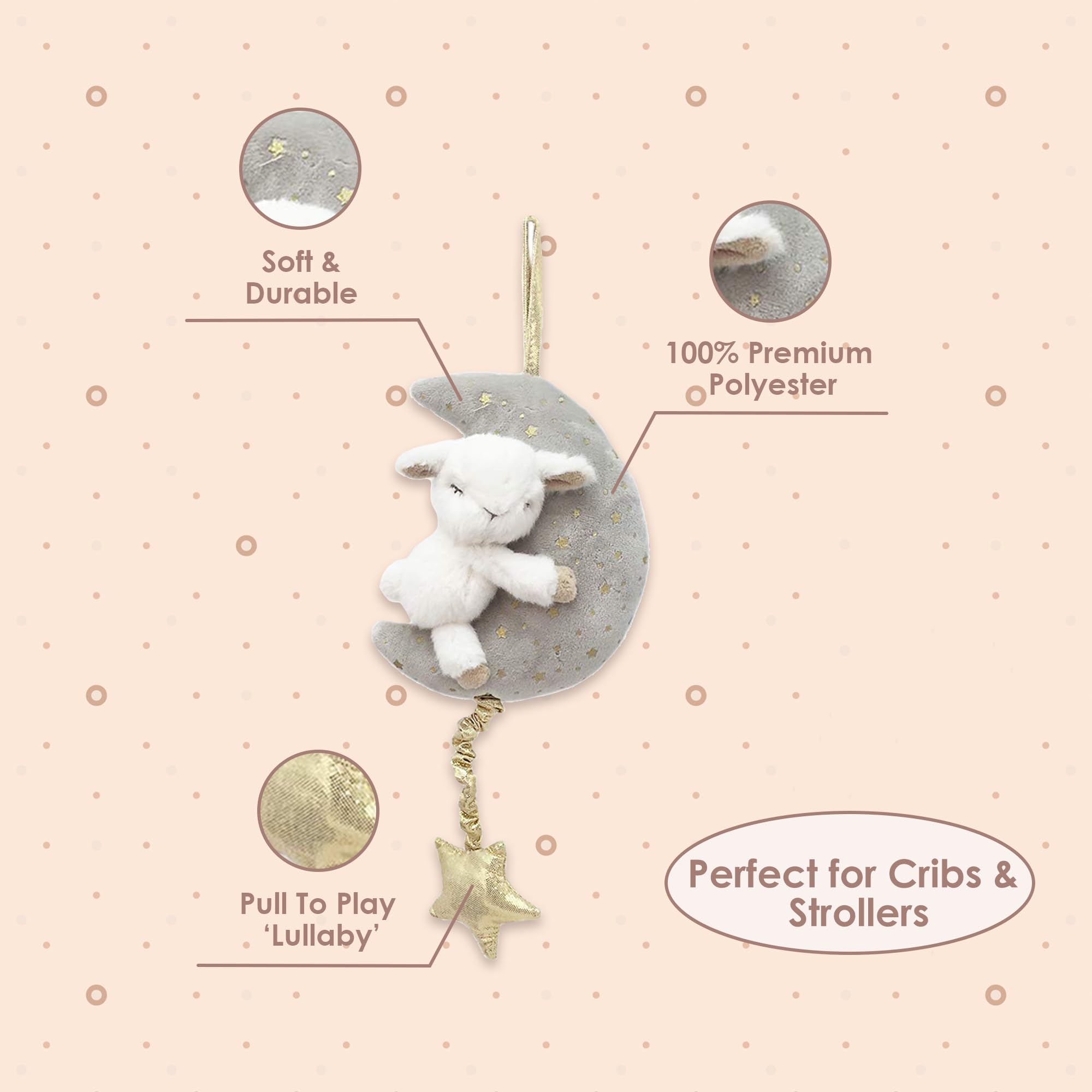 MON AMI Lamb and Moon Soft Plush Musical Toy β 12β, Nursery Mobile, Infant Toys, Soft Hanging Plush Stroller Toy, Musical Mobile for Cribs
