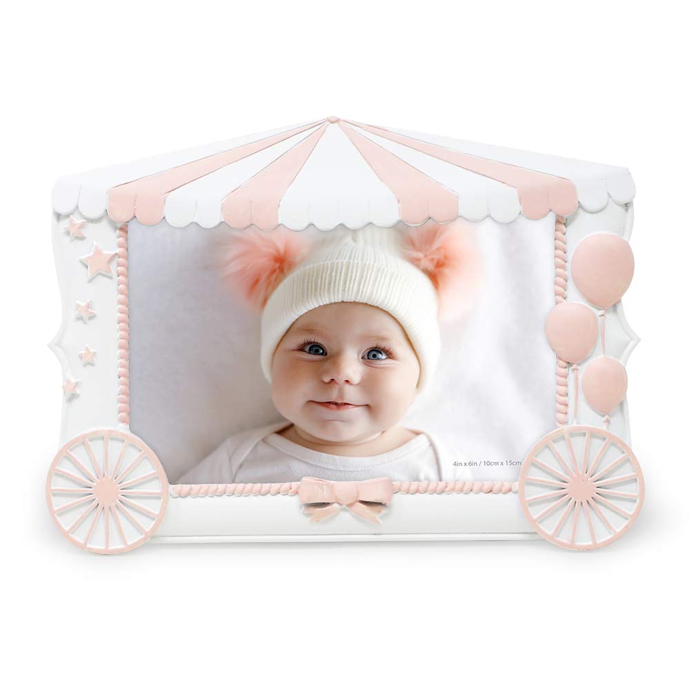 Isaac Jacobs 4” x 6” Resin Sentiments Baby Picture Frame, Horizontal Keepsake Photo Frame with Easel and Hanging Tabs for Tabletop, Desktop & Wall Display (White with Pink)