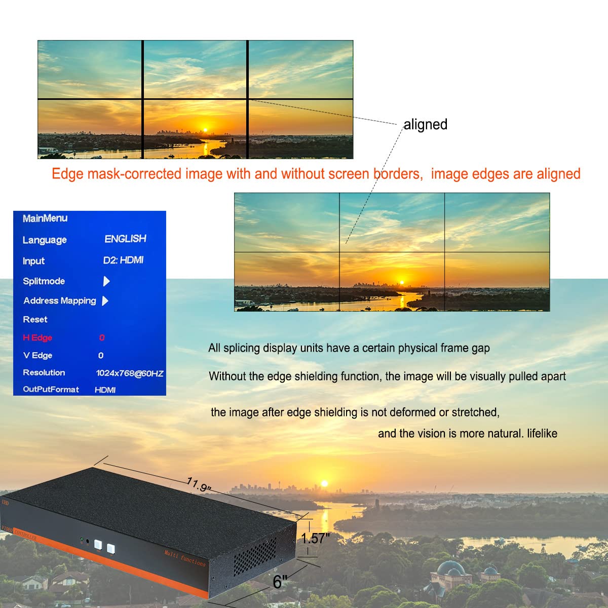 4K 60HZ UHD Video Wall Controller, 2x3 3x2 Splice Modes TV Wall Processor for 6 TV Splicing Display Support 5760x2160@30Hz Inputs and Point to Point Output Support 1x5 1x6 3x2 2x3 2x2 ect 22 Modes