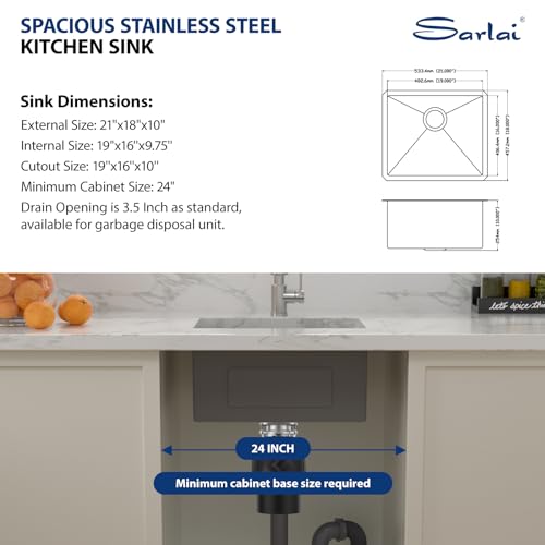 21 Undermount Bar Sink - Sarlai 21"x18" Undermount Kitchen Sink Single Bowl 16 Gauge Stainless Steel Bar Prep Sink Small Kitchen Sink 10 deep