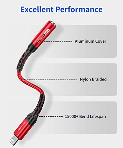 JSAUX iPhone Headphone Adapter, Lightning to 3.5mm Adapter [Apple MFi Certified] iPhone Aux Adapter Compatible with iPhone 14/14 Pro Max/13/13 Pro Max/12/12 Pro Max/11/11 Pro Max/SE/X/XR/XS/8-Red