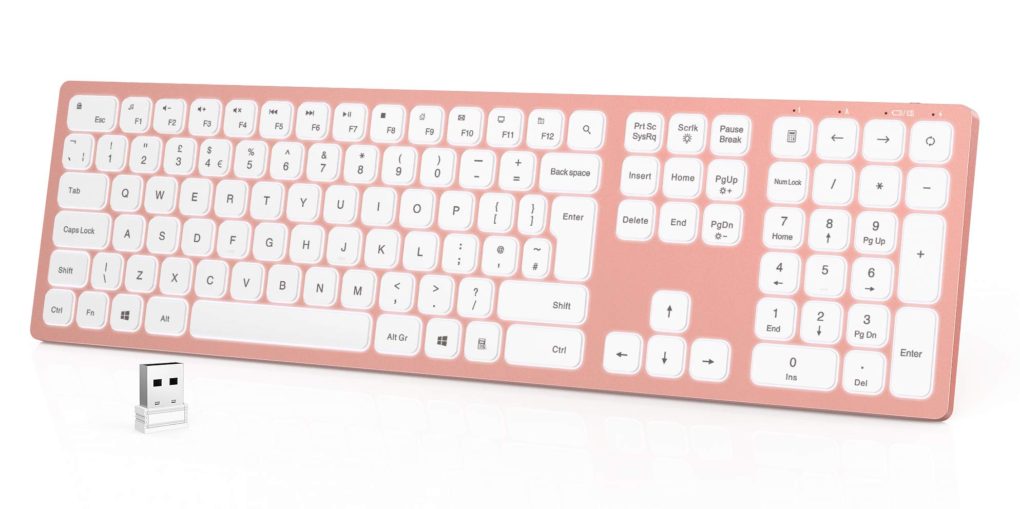 seenda Backlit Wireless Keyboard, 2.4GHz Ultra Slim Rechargeable Keyboard, Illuminated Wireless Keyboard for Computer, Laptop, Desktop, PC, Surface, Smart TV, Windows 10/8/7 (Rose Gold)
