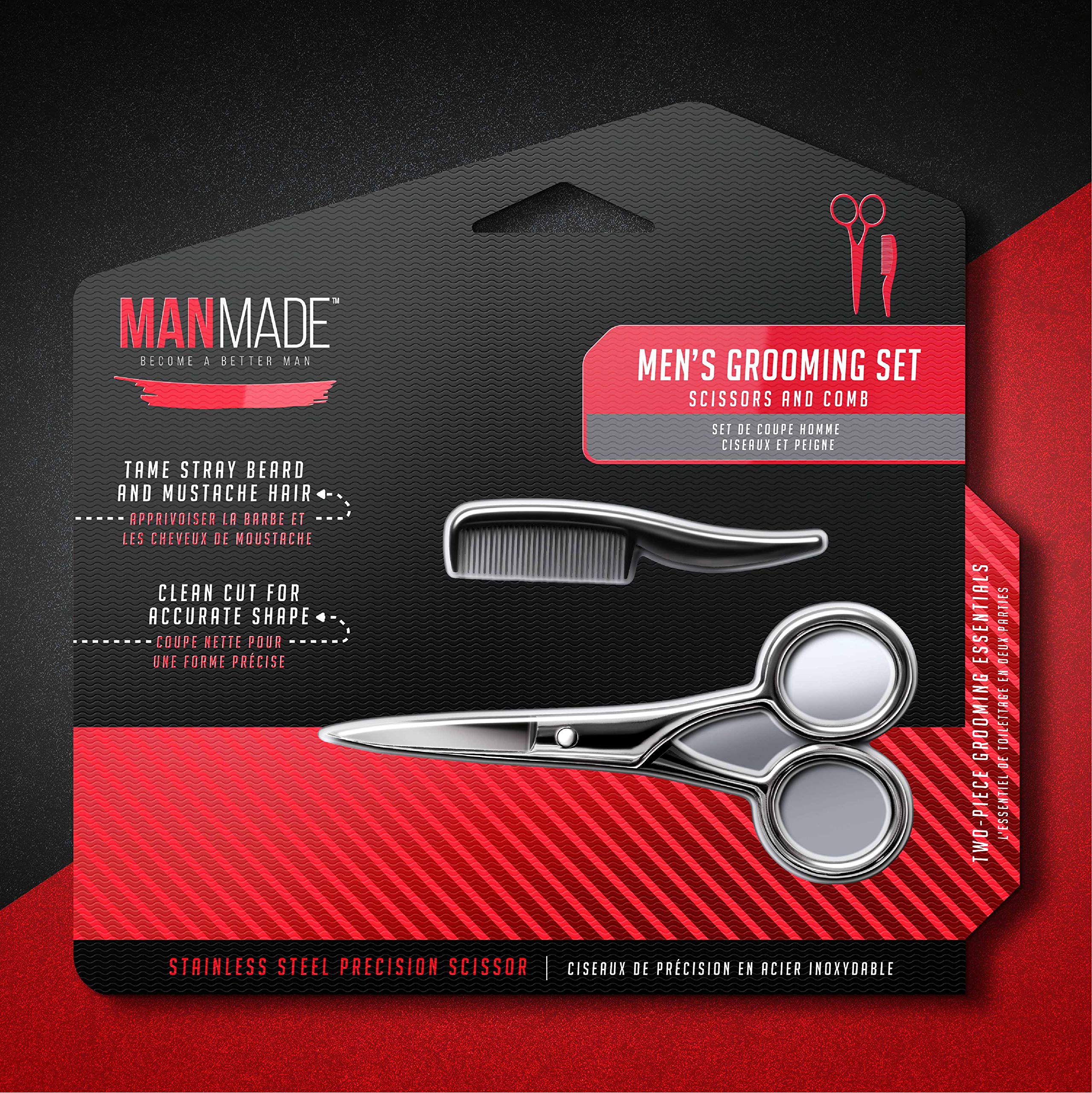ManMade: Men's Grooming Set Mustache and Beard Scissors + Free Comb, Two-Piece Grooming Essentials, Stainless Steel Facial Hair Scissors for Men (Red)