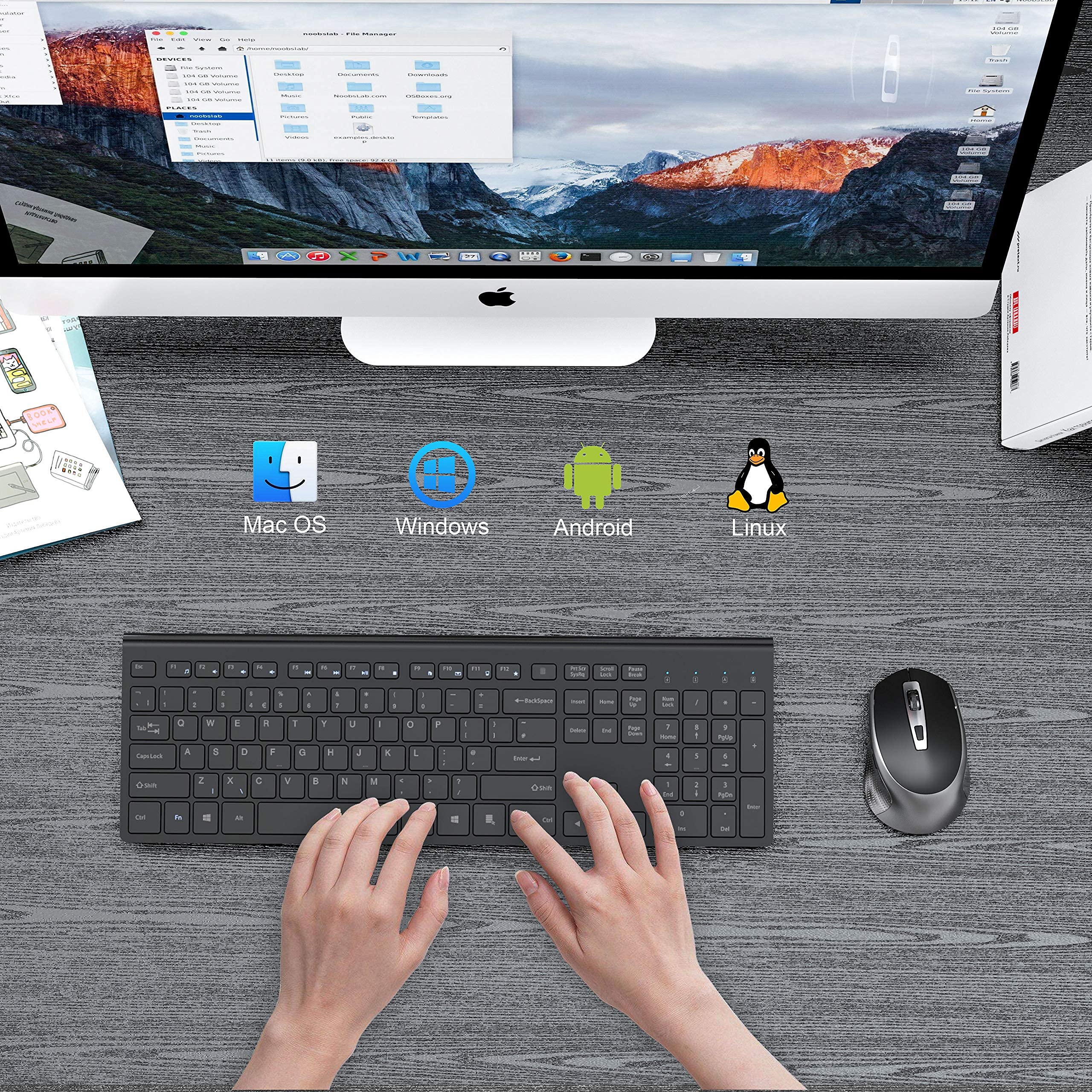Wireless Keyboard and Mouse, J JOYACCESS 2.4G USB Ultra Slim Full Size Ergonomic Rechargeable Keyboard and Slient Cordless Mouse with Back/Forward Buttons for Mac/Windows/Laptop/Desktop - Black