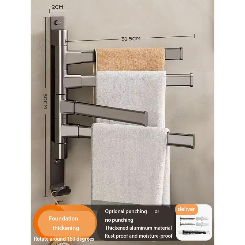 4-pole 180 ° rotatable towel bar, aluminum alloy swing arm Bath Towel Bars bathroom towel rack, swing hook towel rack storage rack, bathroom wall mounted towel storage rack, Silver gray