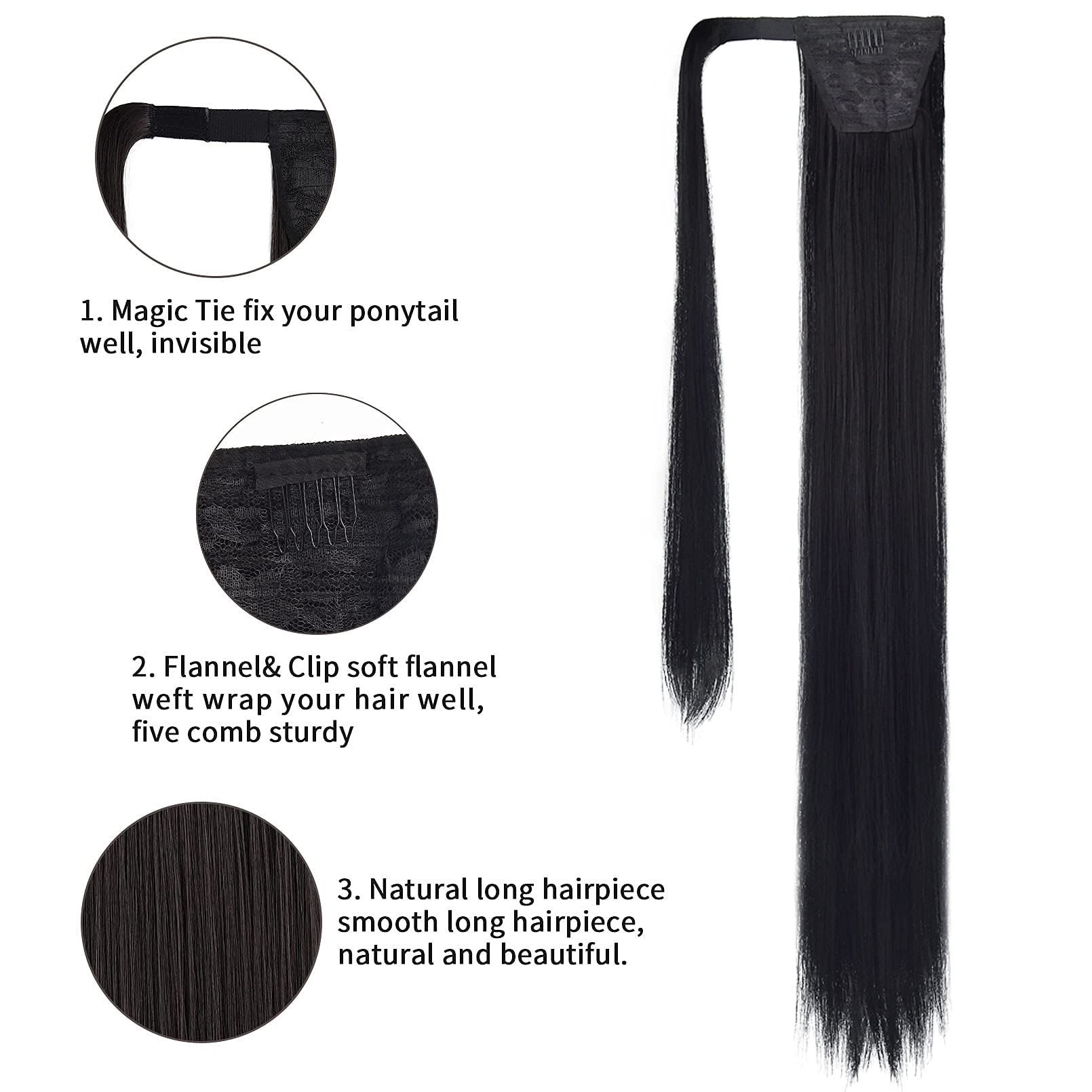 SEIKEA 35 Inch Clip in Ponytail Extension Wrap Around Long Straight Pony Tail Hair Synthetic Hairpiece for Women - Black