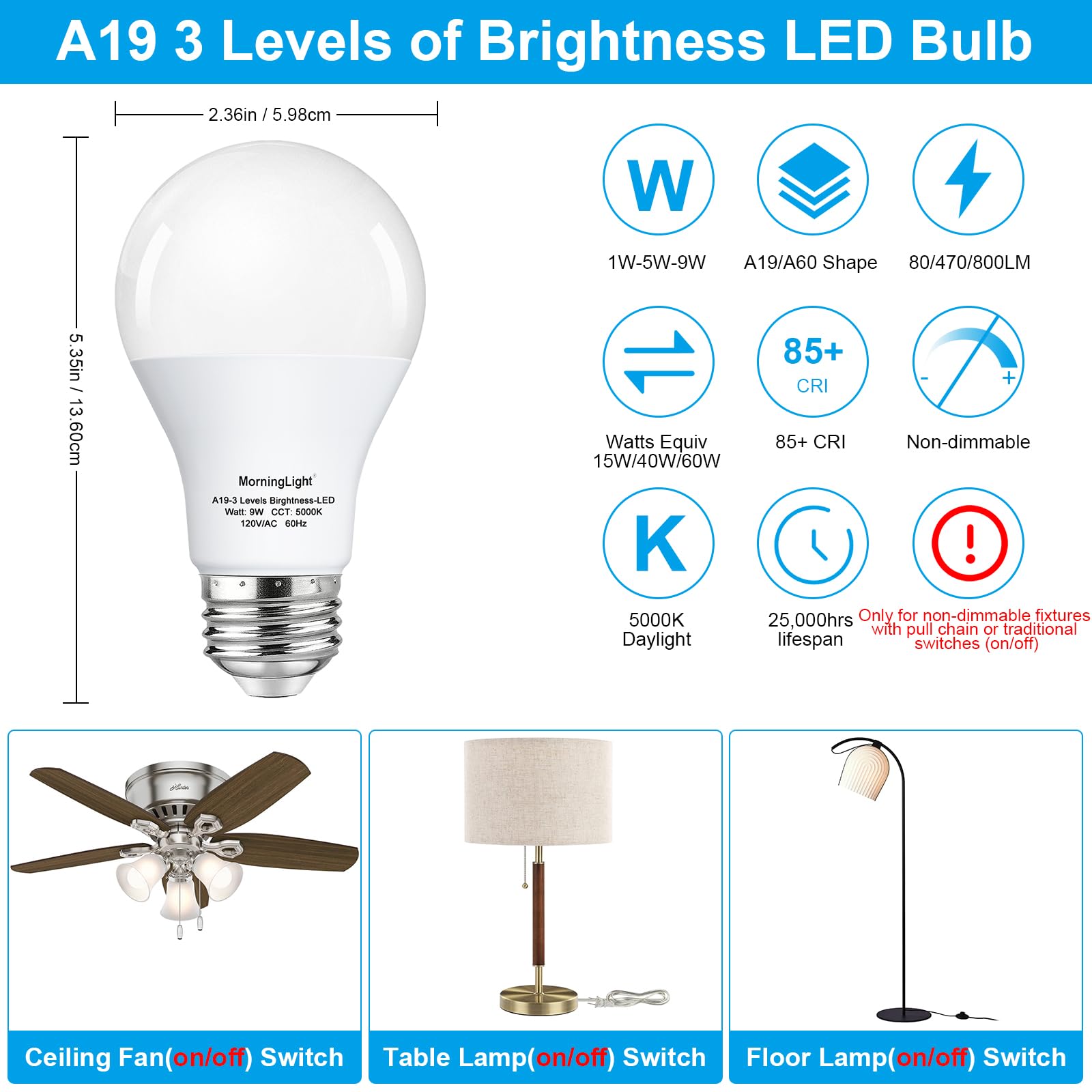 2024 NEW 3-Way LED Bulb for ON/OFF Old-Style Switch Fixtures (Not Compatible with Twist Switch), Daylight 5000K, A19 Three-Level Brightness Bulb for Pull Chain Lamps, 15/40/60W Equivalent, 4 Pack