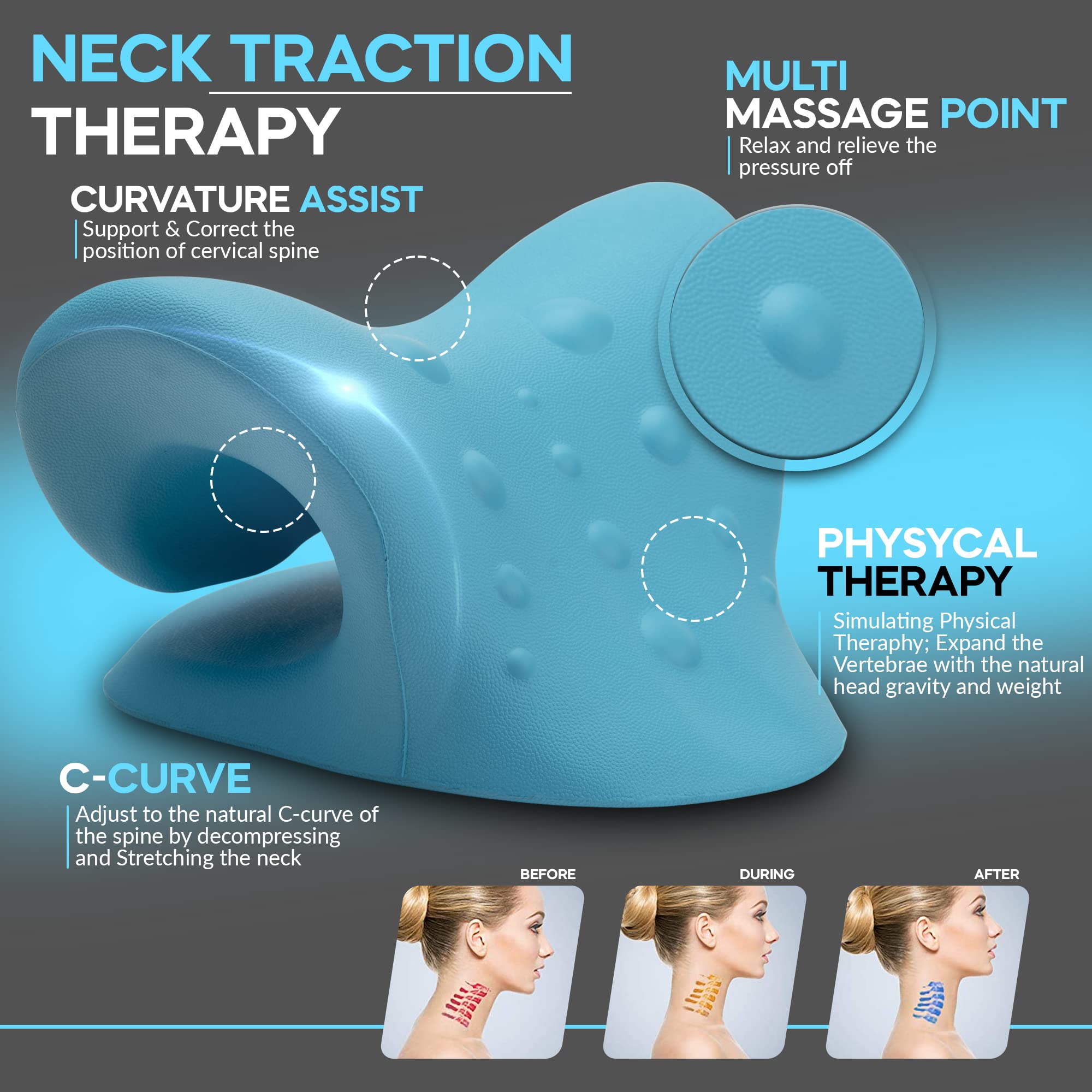 Neck Stretcher Cervical Traction, FSA HSA Eligible, Neck and Shoulder Relaxer for Pain Relief, Ergonomic Neck Pillow, Neck Hump Corrector, Cervical Spine Alignment, Neck Curve Corrector (Light Blue)