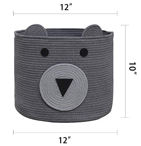 COMEMORY Cotton Rope Storage Basket with Cute Bear Design, Foldable Rope Bin Basket, Decorative Animal Basket for Toys, Blanket, Towels, Clothes, 12"(D) x 10"(H)