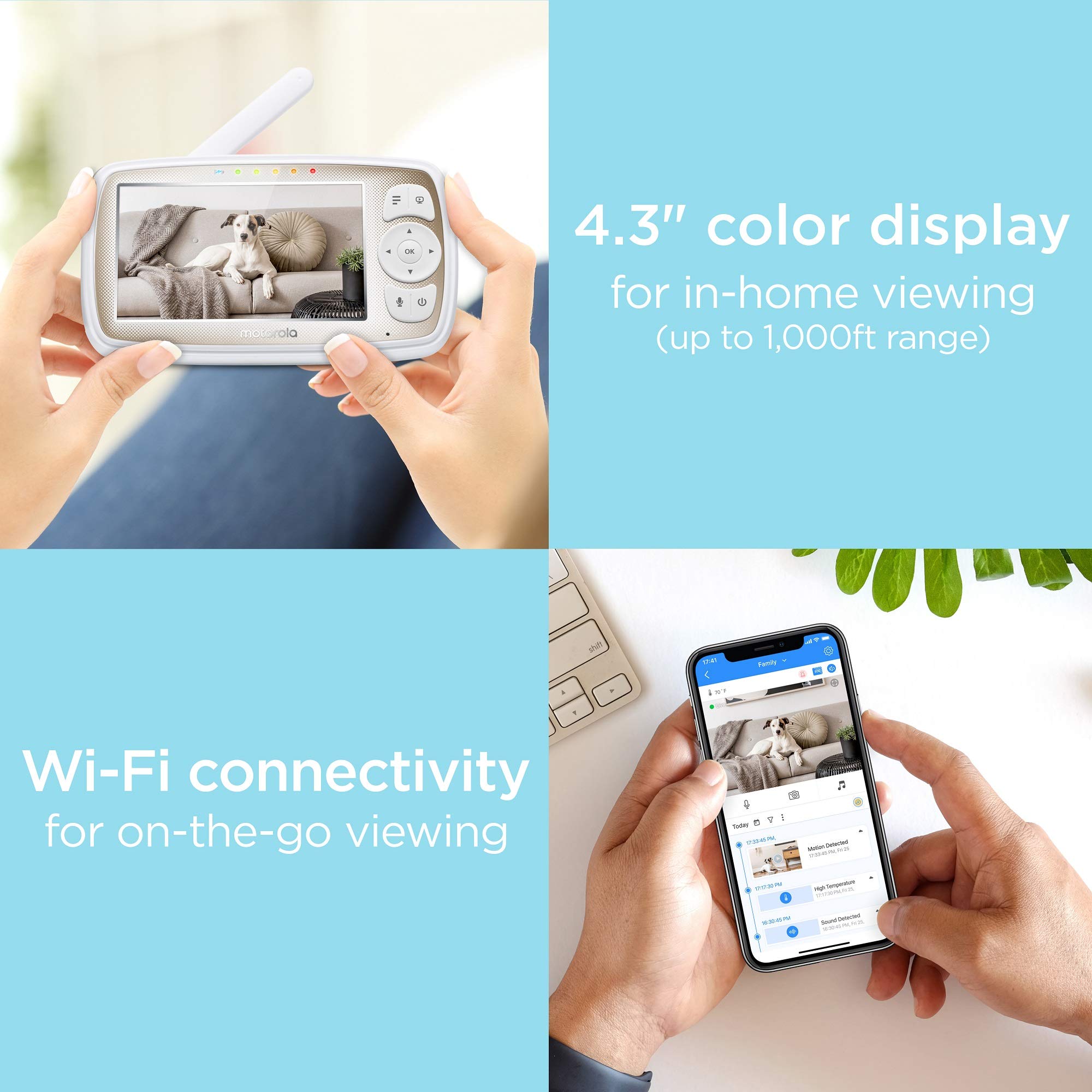Motorola Connect20-2 Video Baby Monitor with Two Cameras β 4.3" Parent Unit and Wi-Fi Viewing for Baby, Elderly, Pet - 2-Way Audio, Night Vision, Temperature Sensor, Digital Zoom