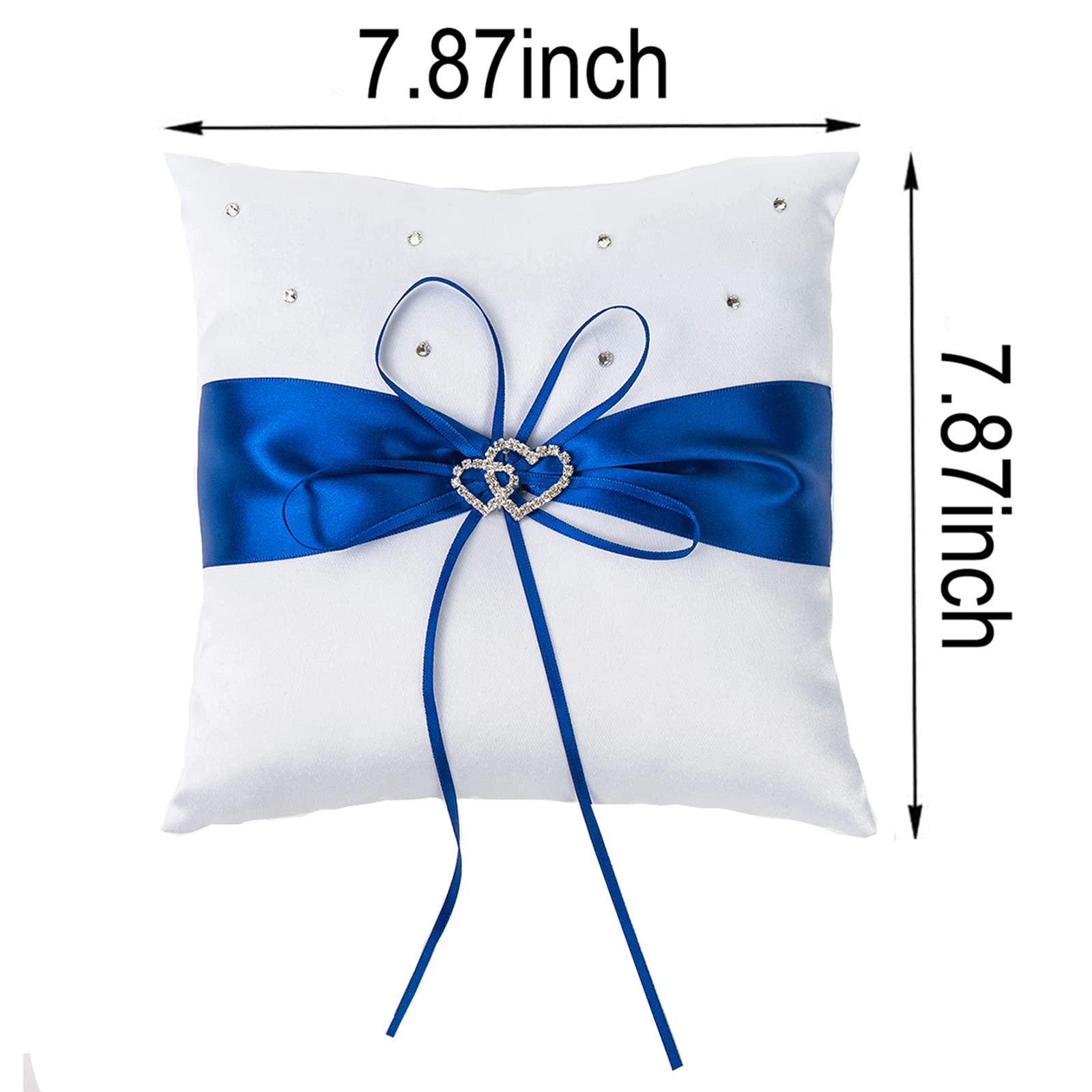 ARKSU Ring Bearer Pillow Cushion 7.8 x7.8 inch with Satin Ribbon 2 Heart Rhinestones for Rustic Bridal Wedding Shower Ceremony-Dark Blue