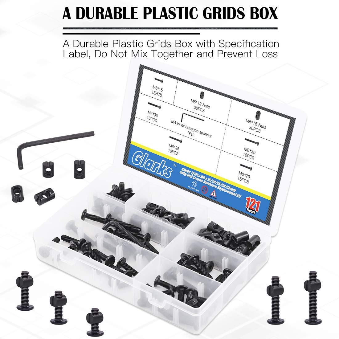 Glarks 120Pcs M6x15/20/25/30/35mm Black Hex Socket Cap Bolt Screws and Barrel Nut Assortment Kit with a Allen Wrench for Crib Baby Bed Cots Furniture