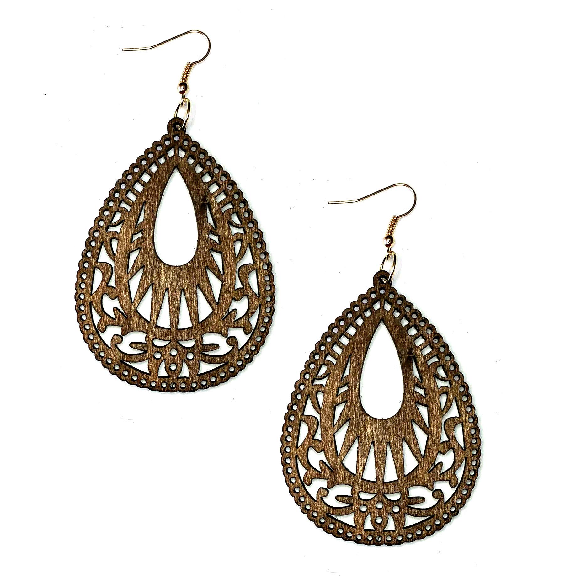 2-1/2" Large Lightweight Brown Wood Cut-out Teardrop Drop Earrings