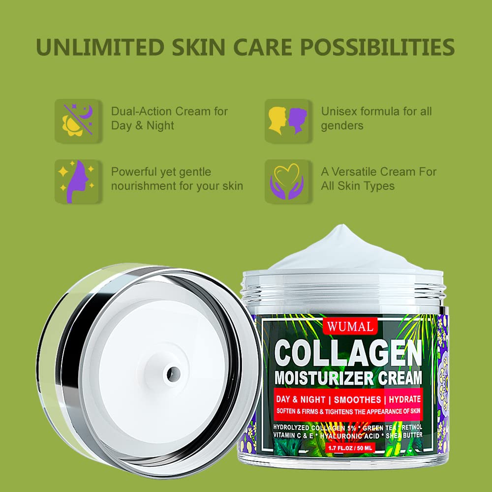 WUMAL Collagen Retinol Cream - Hydrates, Firms and Brightens Skin - Face Moisturizer for All Skin Types - 1.7oz