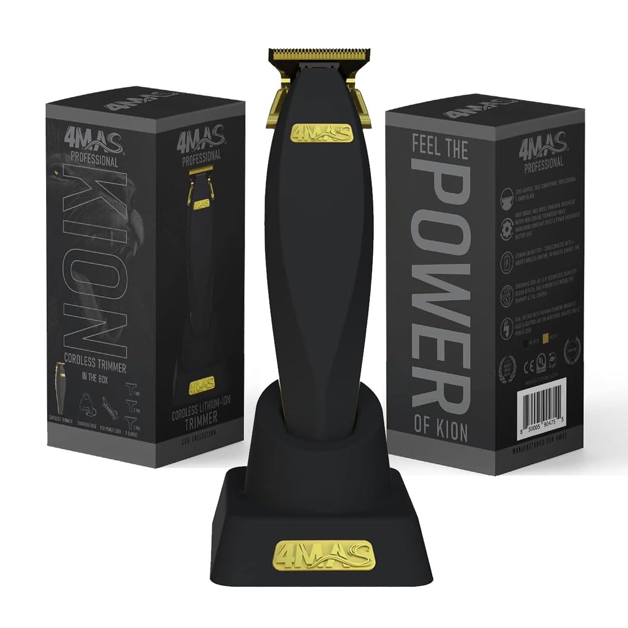 4MAS Kion Trimmer - Professional Hair & Beard, Zero-Gapped, Cordless Lithium-Ion Trimmer with Charging Base (Black & Gold)