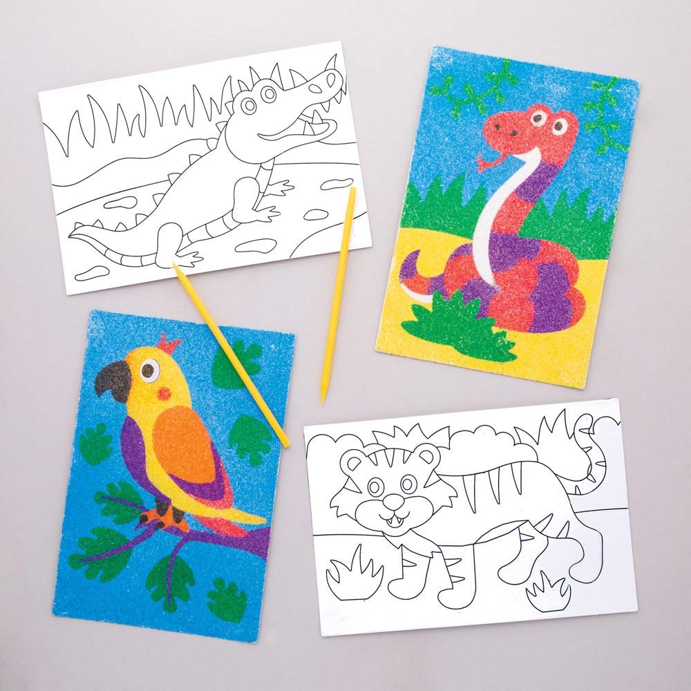 Baker Ross AW560 Jungle Animal Sand Art Pictures - Pack of 8, for Children to Decorate and Display, Ideal Kids Arts and Crafts Project, Great for Home Schooling Activities