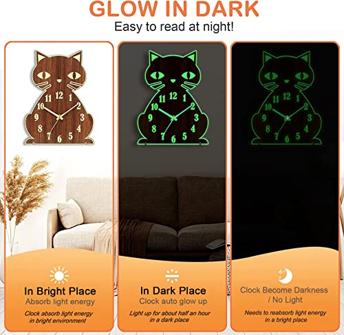 Night Light Wall Clock - Cat Wall Clocks Glow in Dark, Silent Non-Ticking Wood Clocks Battery Operated, Rustic Farmhouse Modern Clock Decorative for Kitchen Living Room Bedroom (12 Inch)